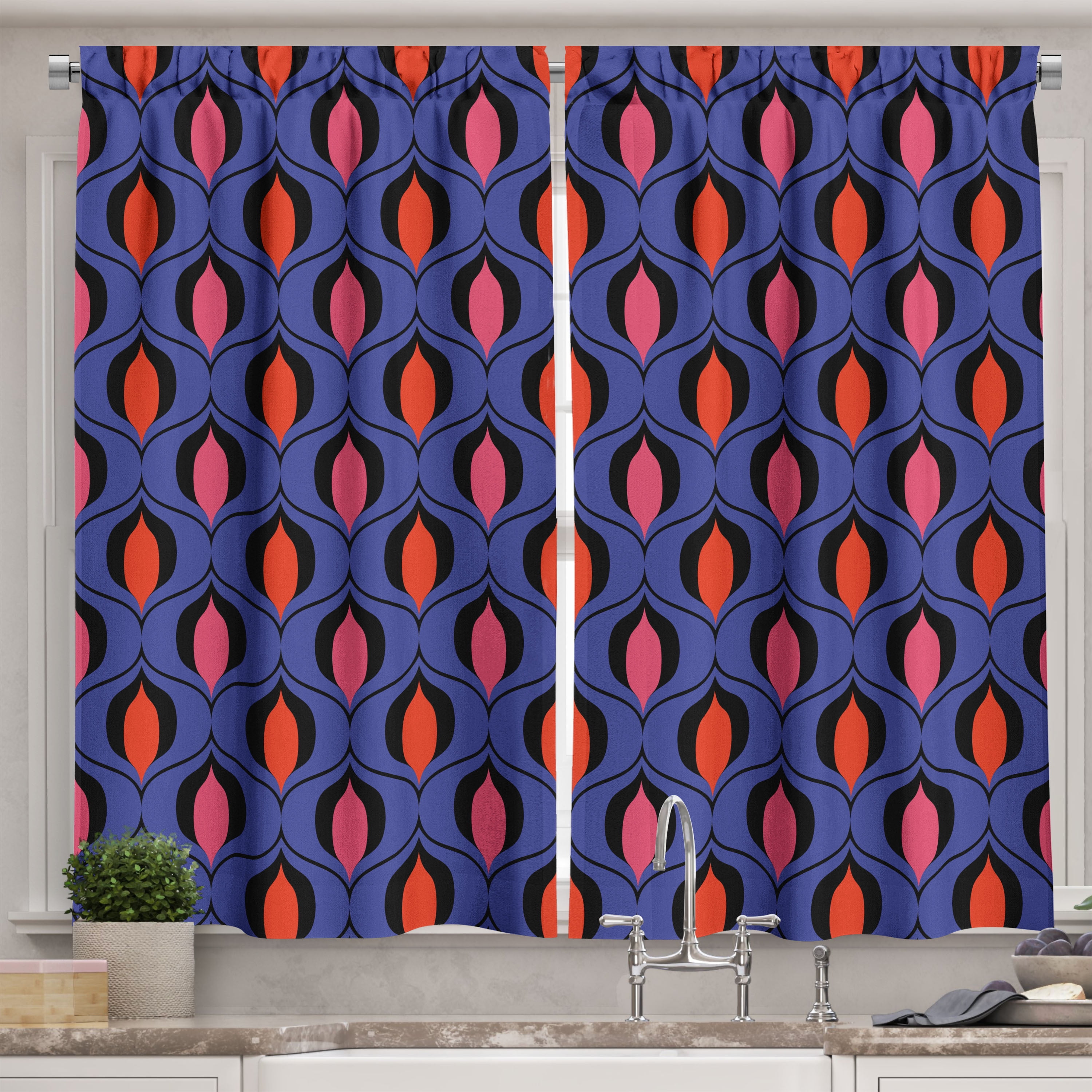 Retro Kitchen Curtains, Art Deco Inspired Round Shapes with Streaks ...