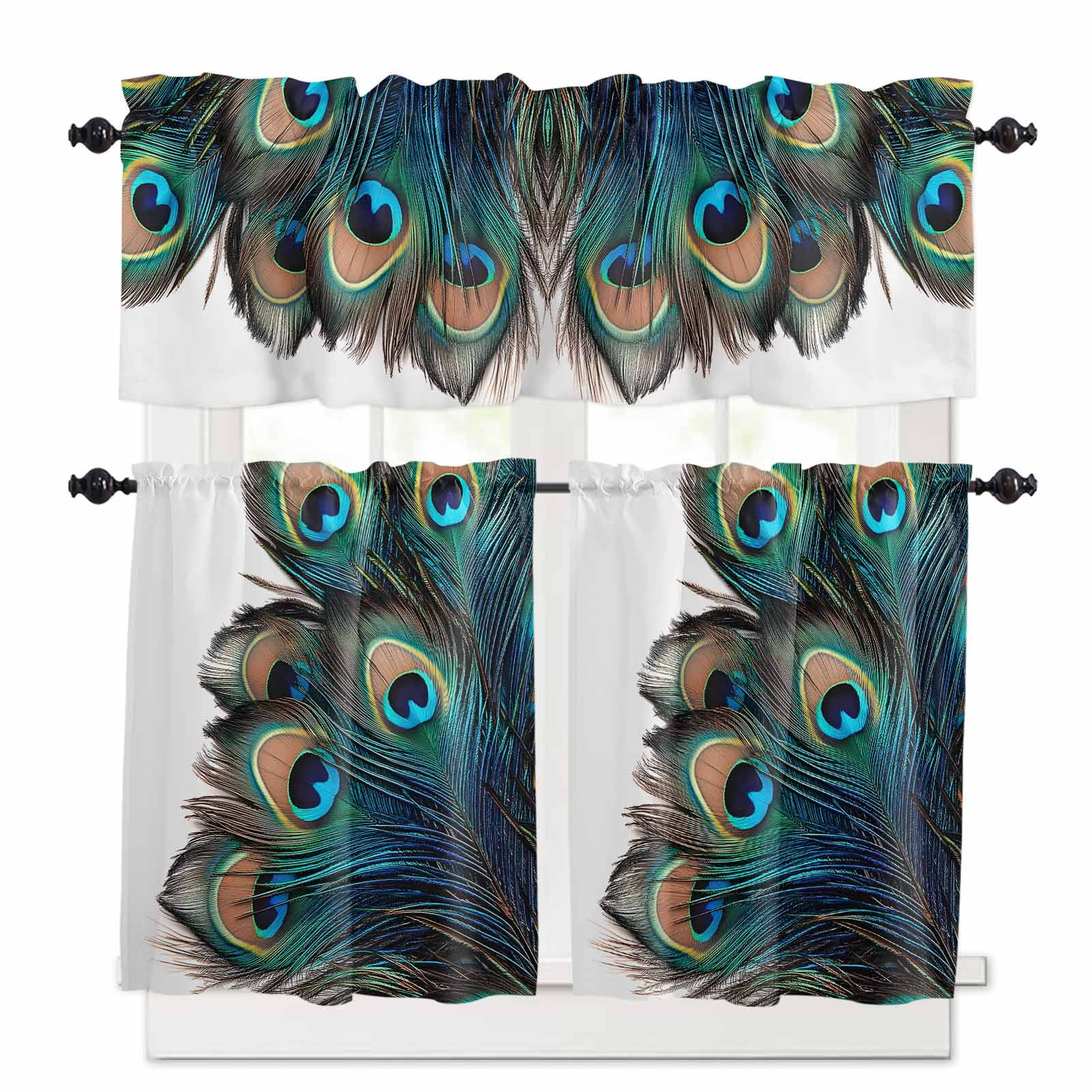 Retro Kitchen Curtains and Valances Set, Peacock Feathers Abstract Art ...