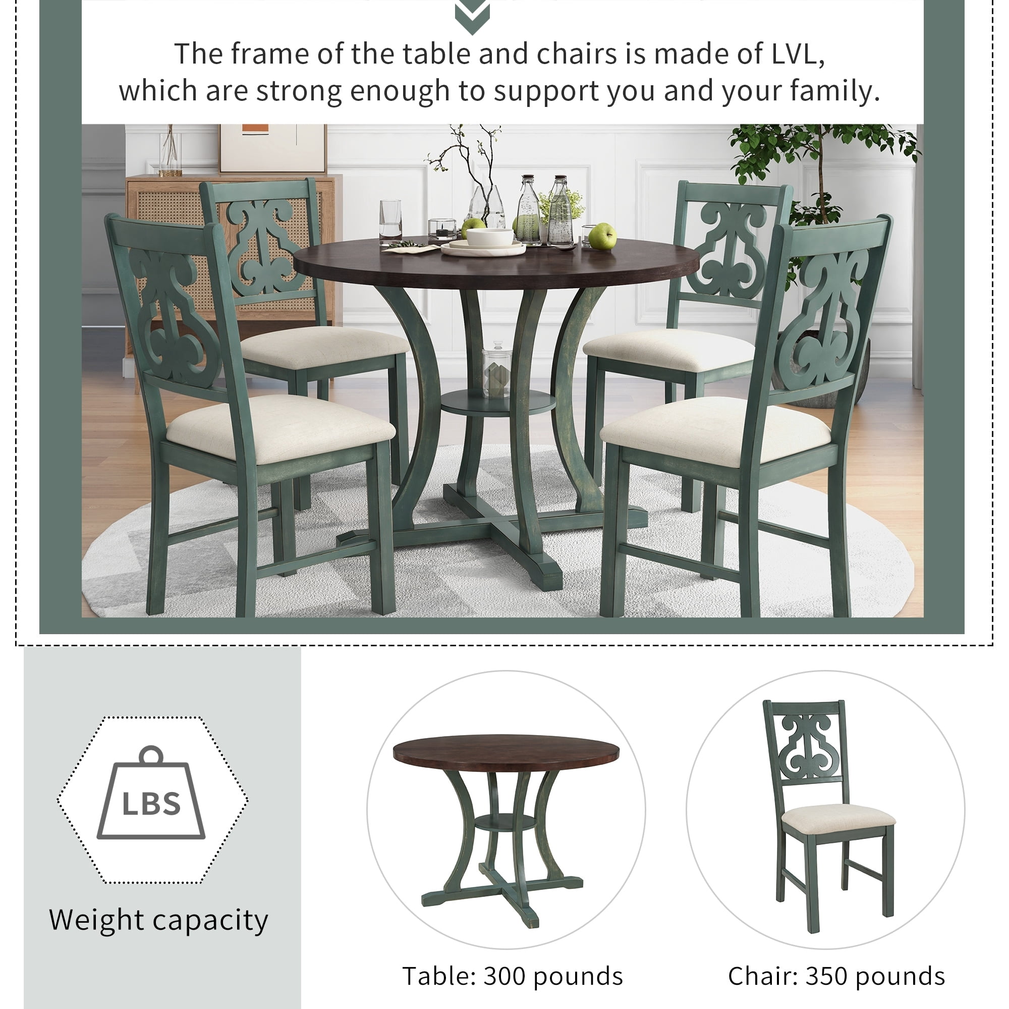 Retro Kitchen Dining Table Set for 4 People, 5 Piece Round Dining Table ...