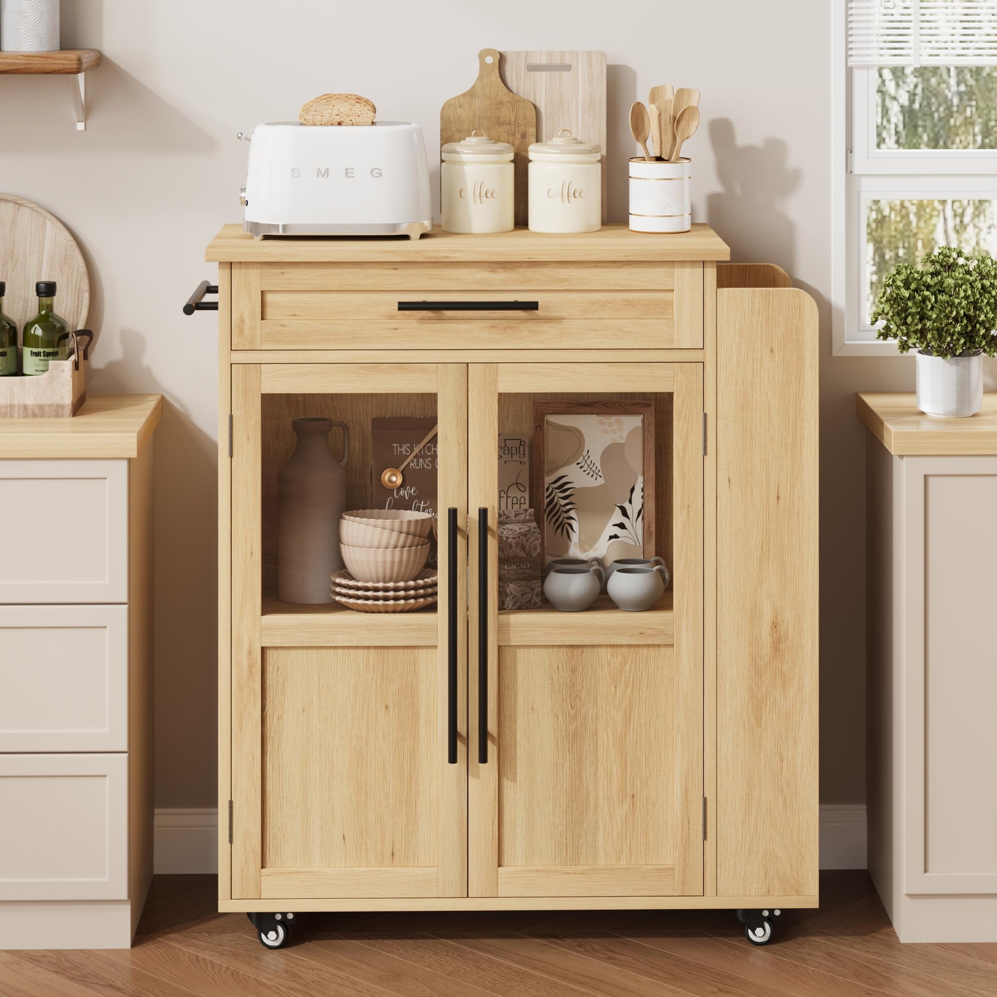 Retro Kitchen Island with Storage, Glass Door Cabinet and Drawer ...