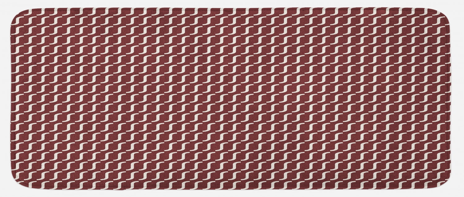 Retro Kitchen Mat, Curvy Wavy Lines Simplistic Pattern on Dark Red ...