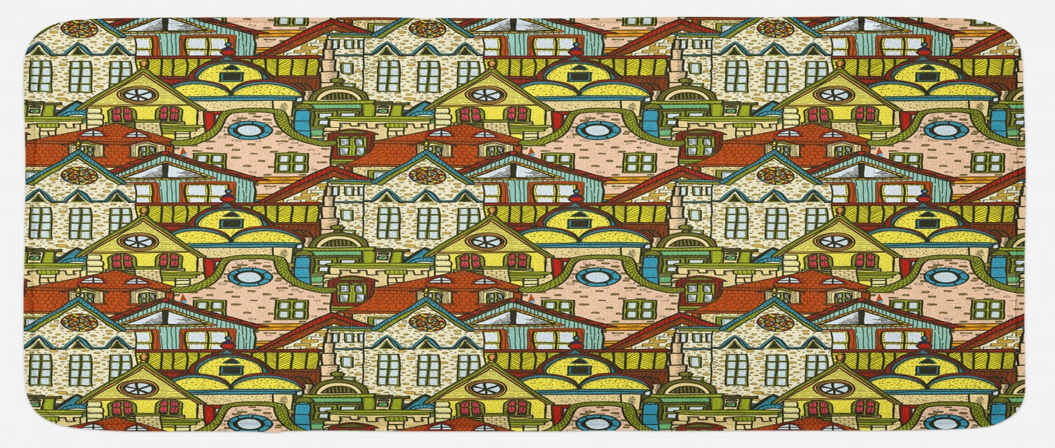 Retro Kitchen Mat, Hand Drawn Old City in Colorful Tones European ...