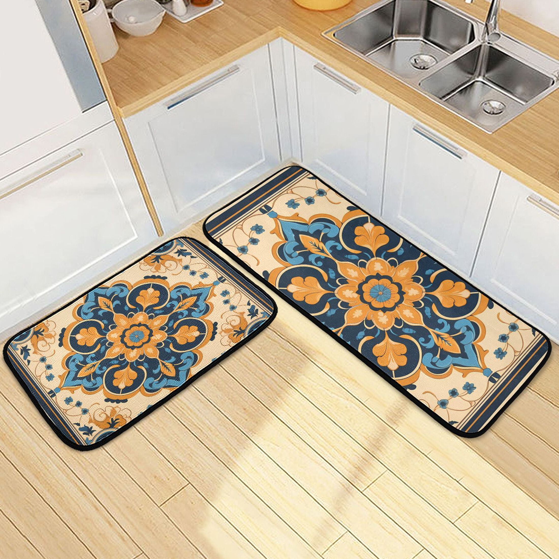 Retro Kitchen Rugs Set of 2 Non Slip Floor Foam Mat Cushioned Soft ...