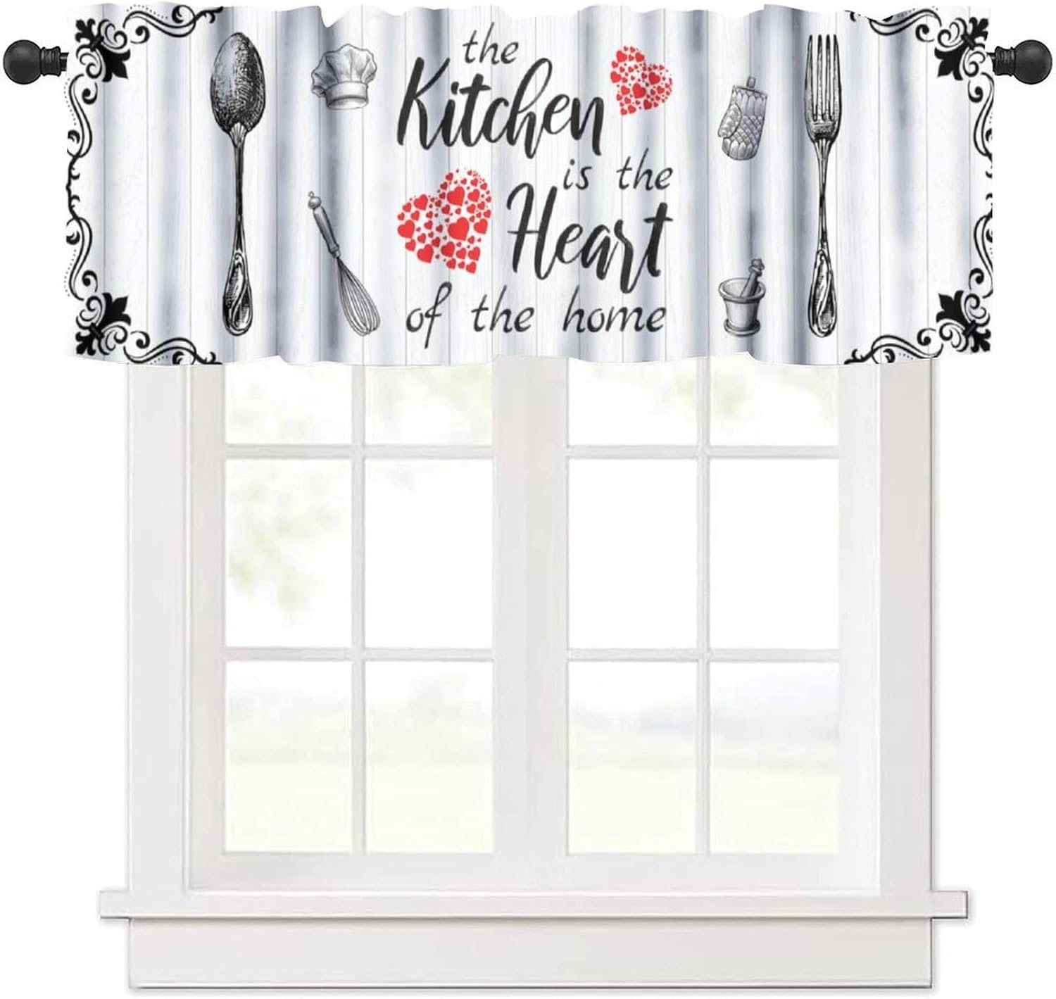 Retro Kitchen Valance, White Black Farmhouse Country Fork Spoon Heart ...