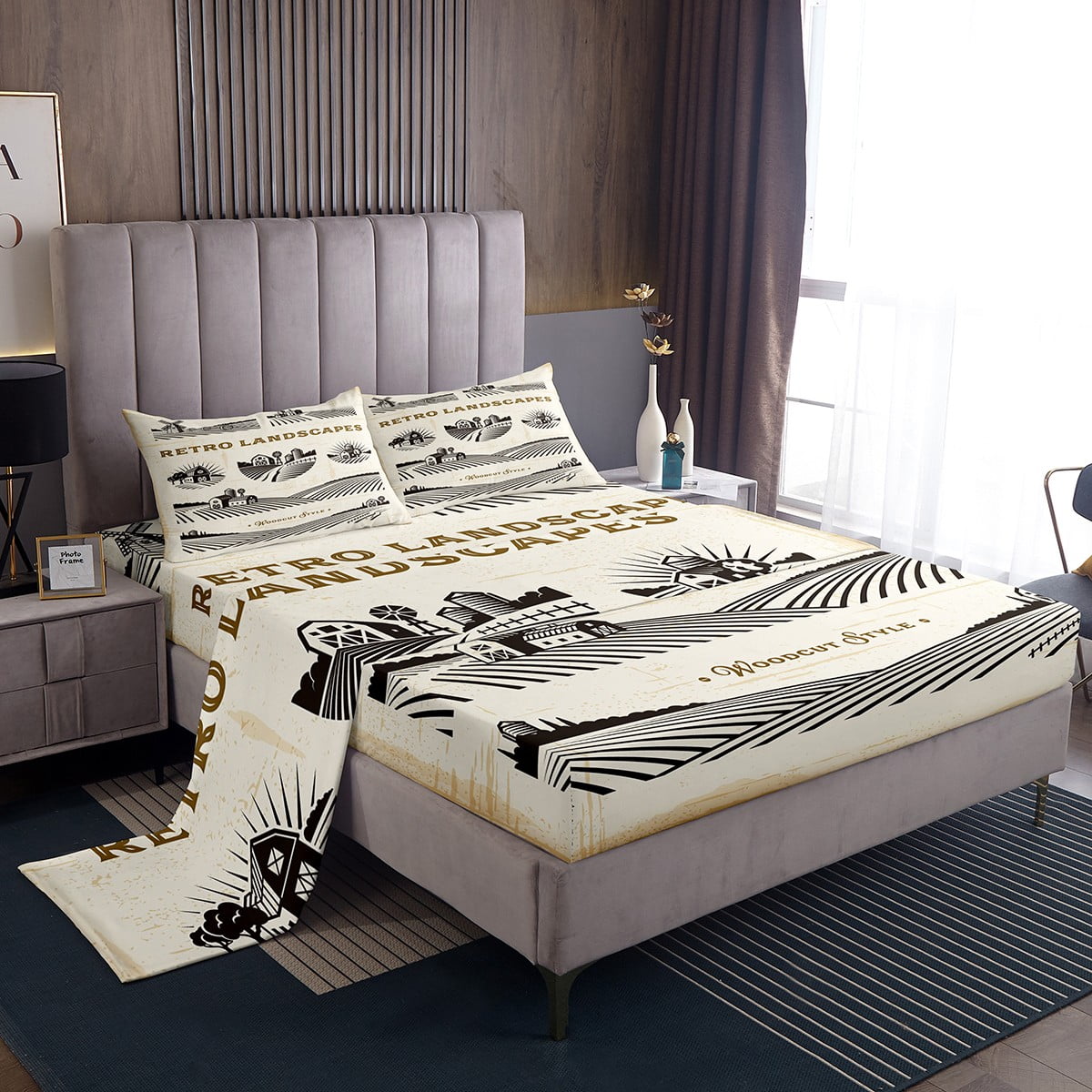 Retro Landscape Bed Sheets Set Queen Size Rustic Farmhouse Sheet Set ...