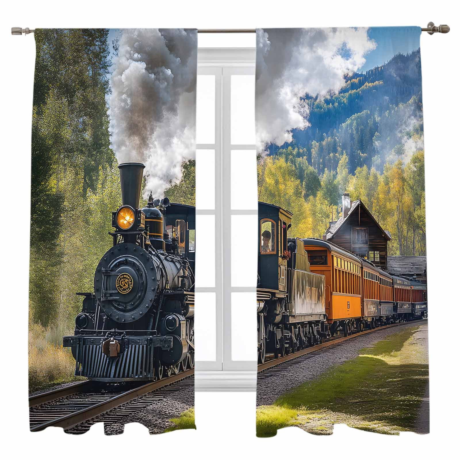 Retro Landscape Sheer Curtains 63 inches Long 2 Panels Set Nature Train ...