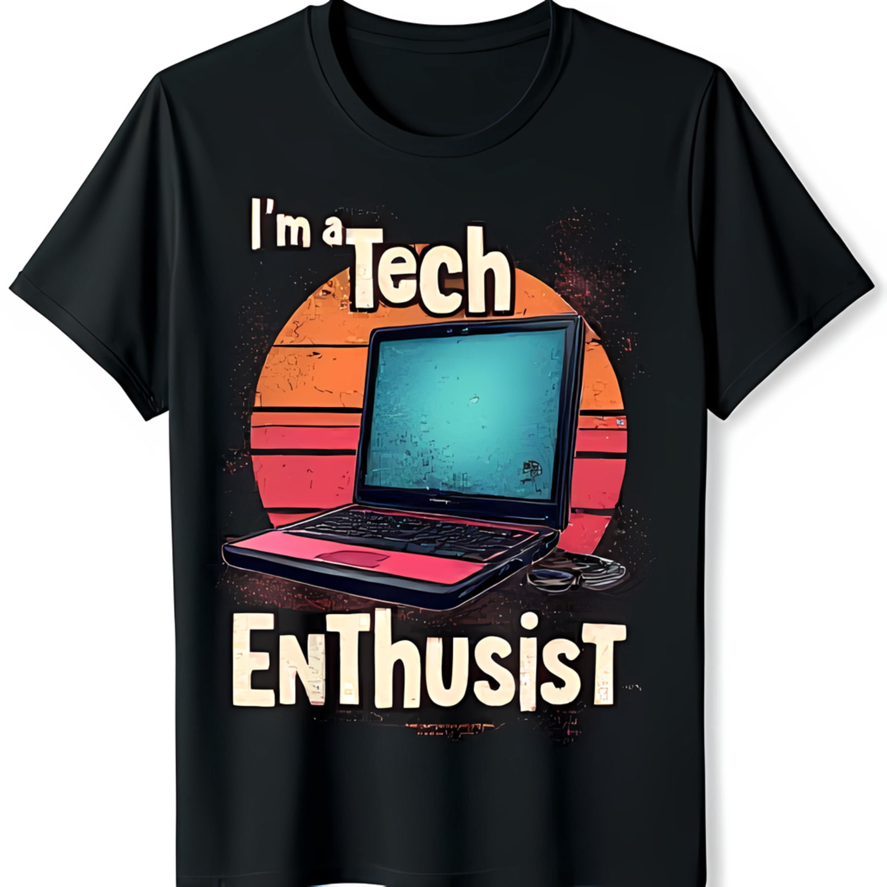 Retro Laptop Graphic Black T-Shirt for Tech Enthusiasts Vintage Sunset ...