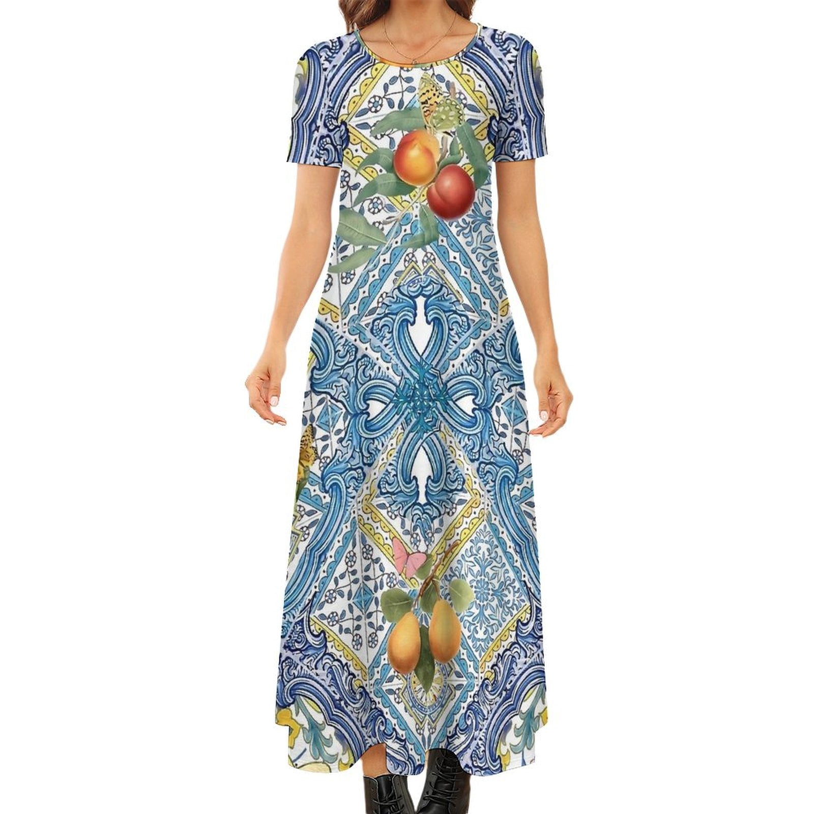 Retro Lemon on Blue Ceramic Tiles Dress Aesthetic Bohemia Long Dresses ...