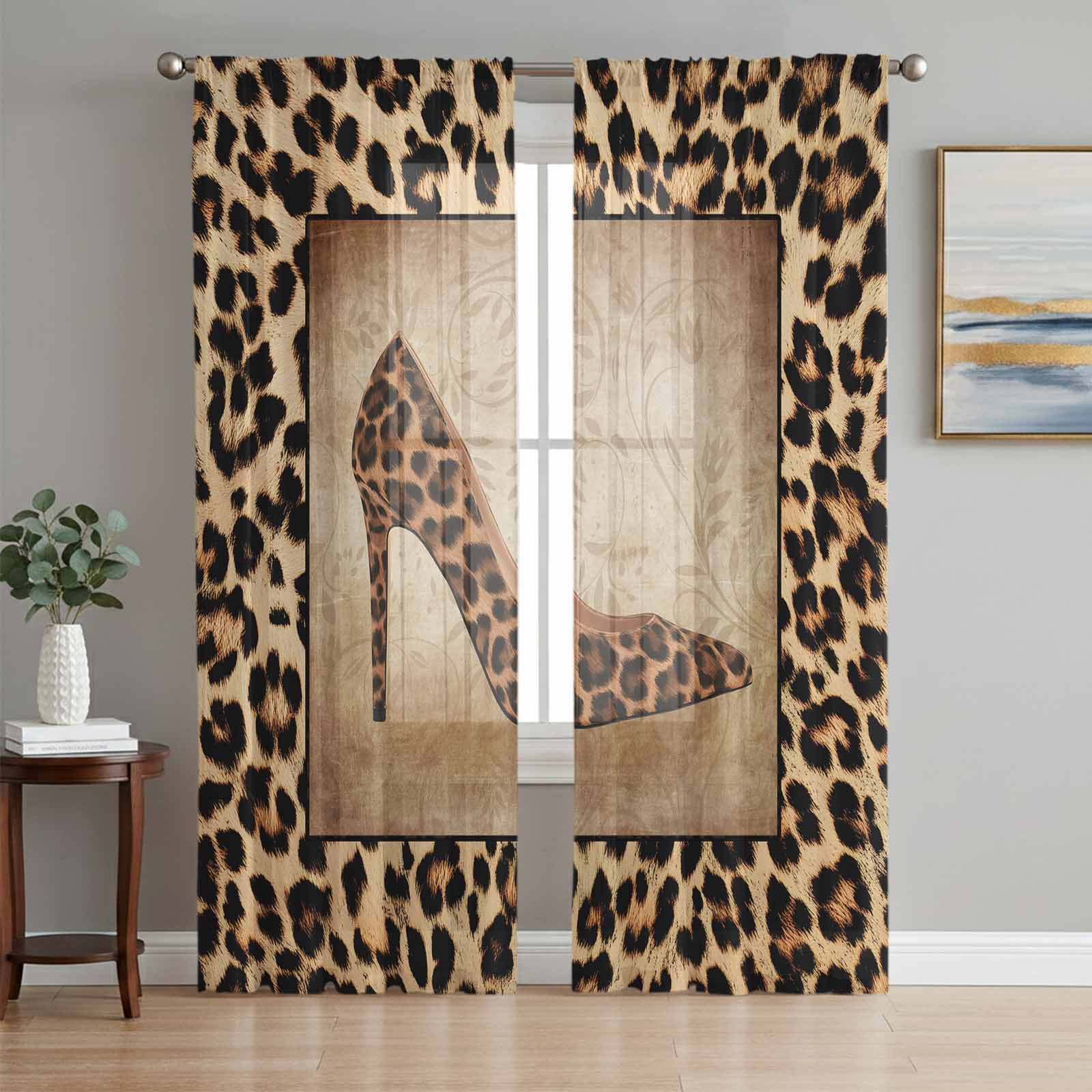 Retro Leopard Shoes Theme Chiffon Sheer Curtains 108 Inches Long ...