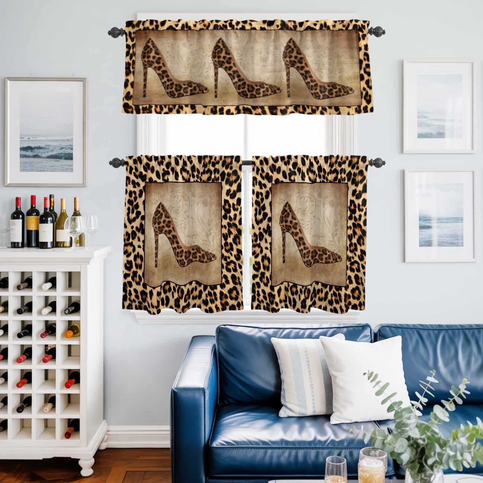 Retro Leopard Shoes Theme Curtain Tier and Valance Set 3 Piece, Country ...