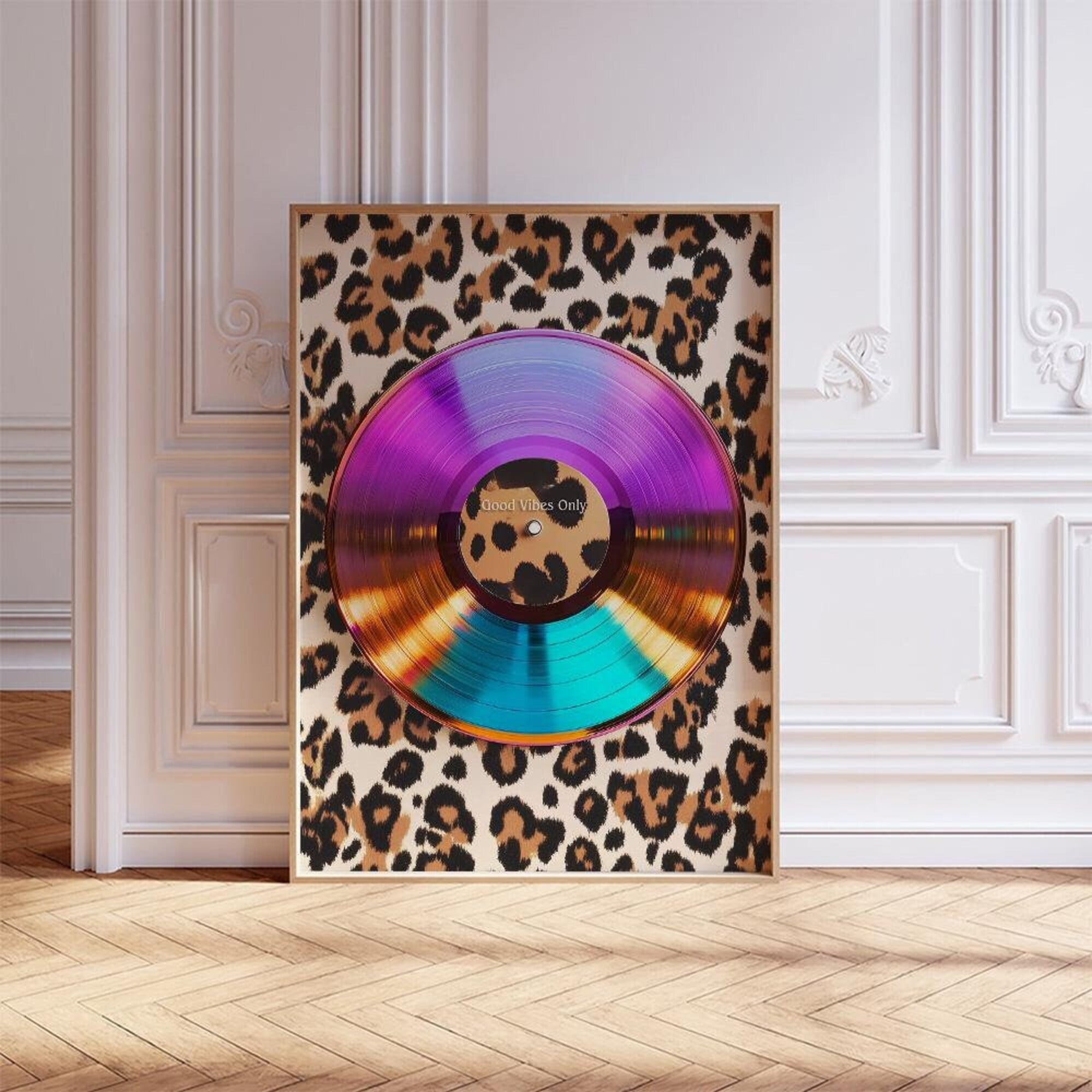 Retro Leopard Wall Art Holographic Vinyl Records Music Print "Good Vibes Only" Quote Poster ...