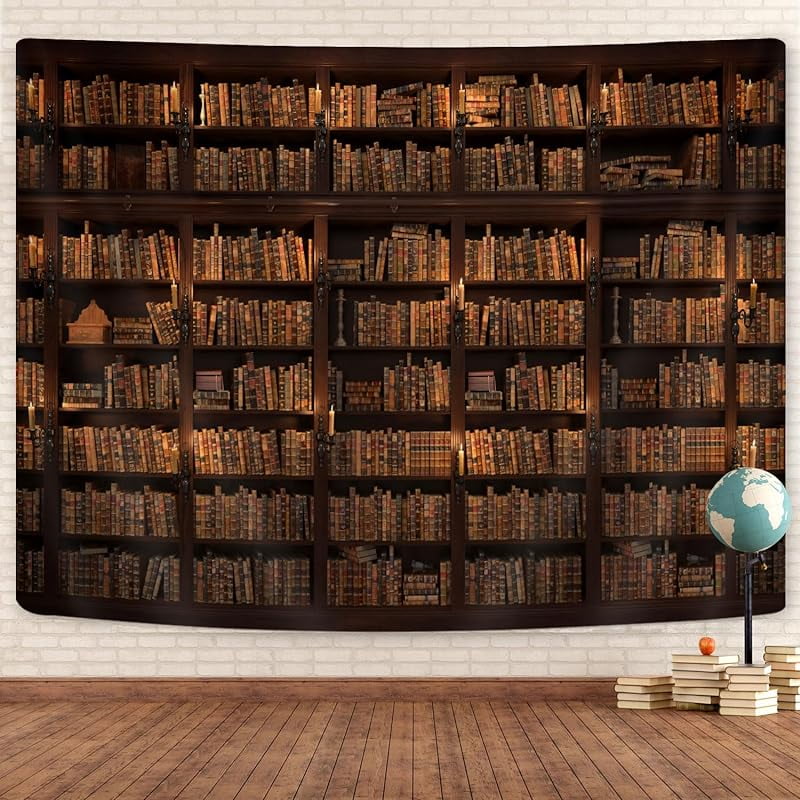 Retro Library Bookshelf Tapestry Wall Hanging, Vintage Books Library ...