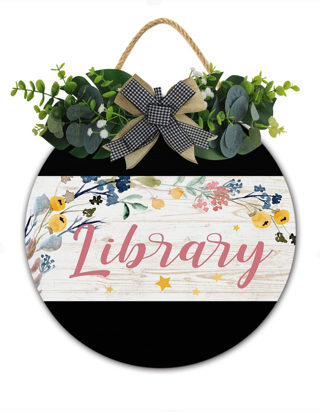 Retro Library Sign Funny Farmhouse Flowers Library Wooden Hanging Sign ...