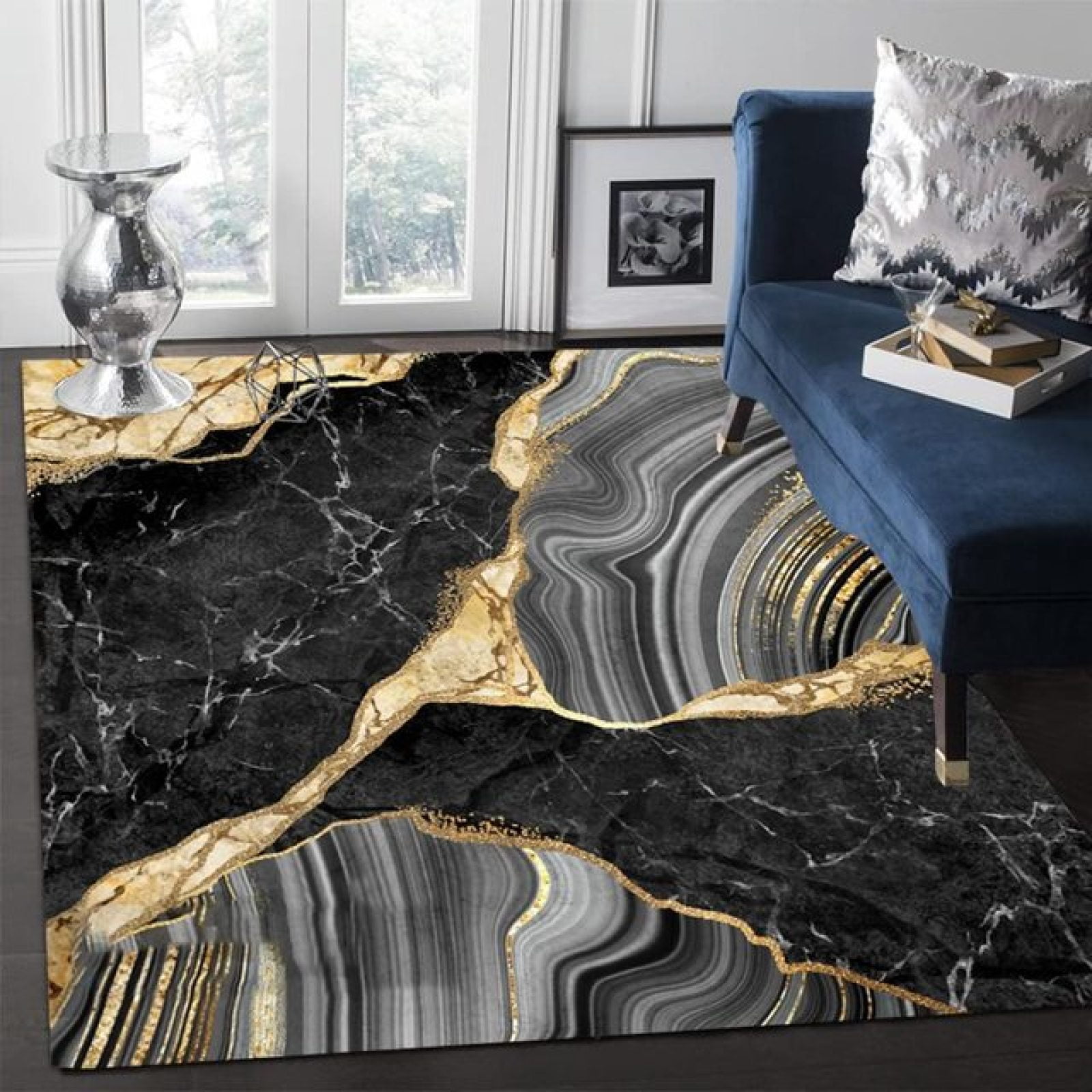 Retro Light Luxury Area Rug, Black Gold Marble Living Room Rug ...