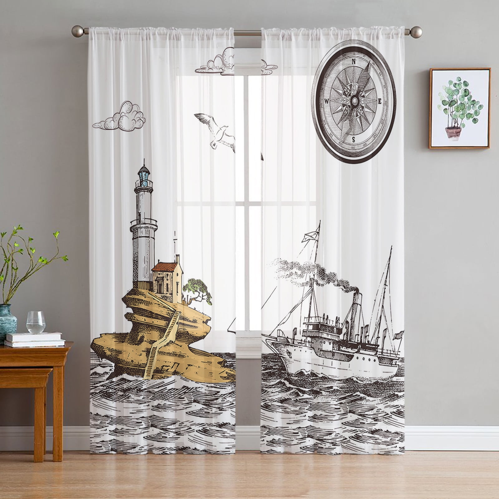 Retro Lighthouse Sailing Ship Lines Sheer Curtains For Living Room ...