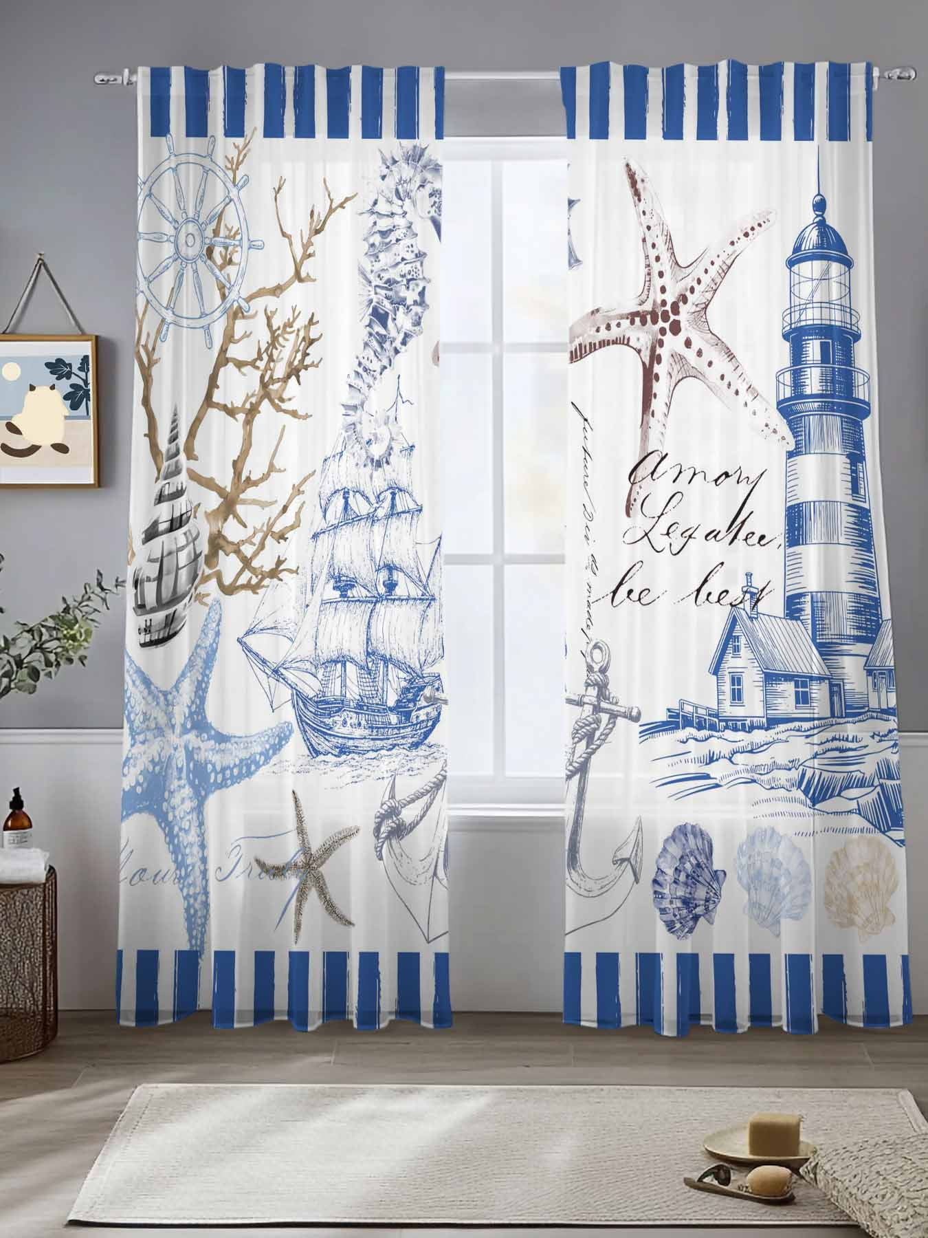 Retro Lighthouse Sheer Curtains 108 Inches Long 2 Panels Ocean Starfish ...
