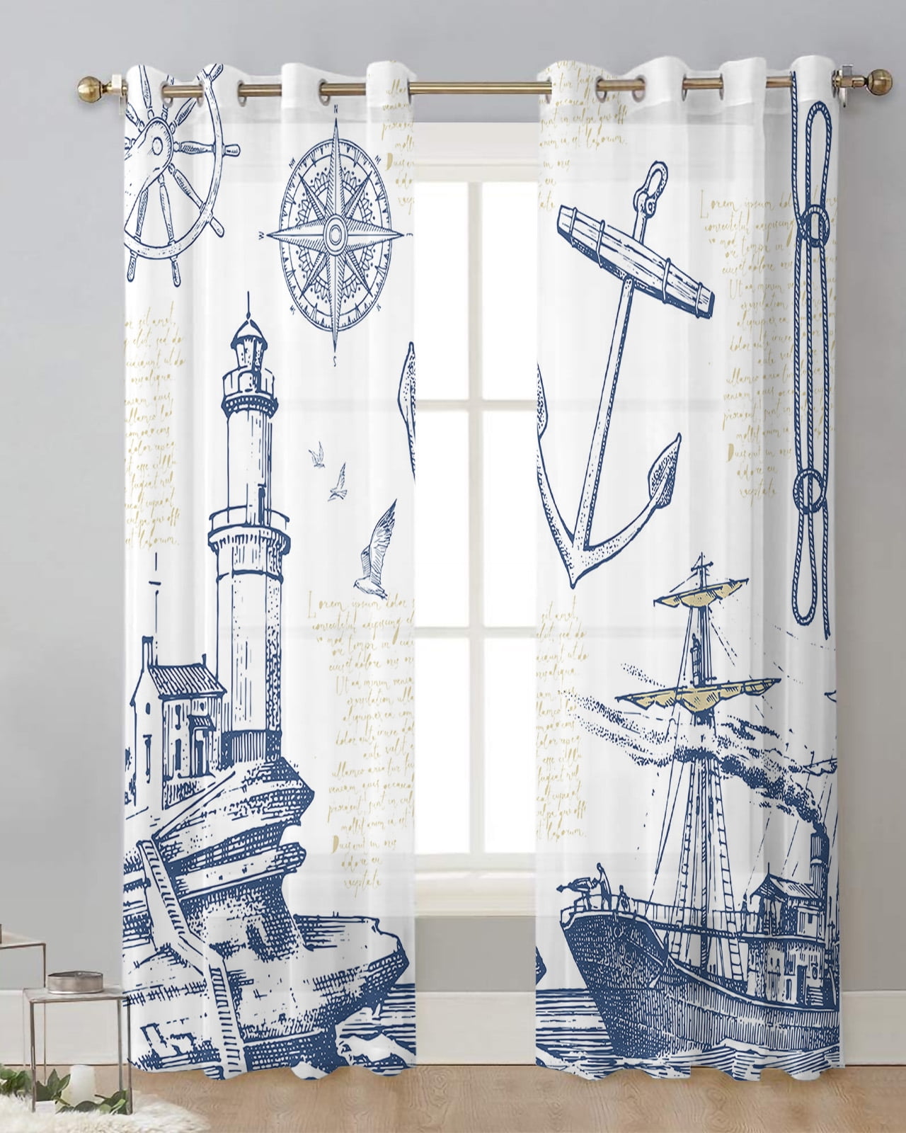 Retro Lighthouse Ship Lines Blue Voile Hanging Curtain Living Room ...
