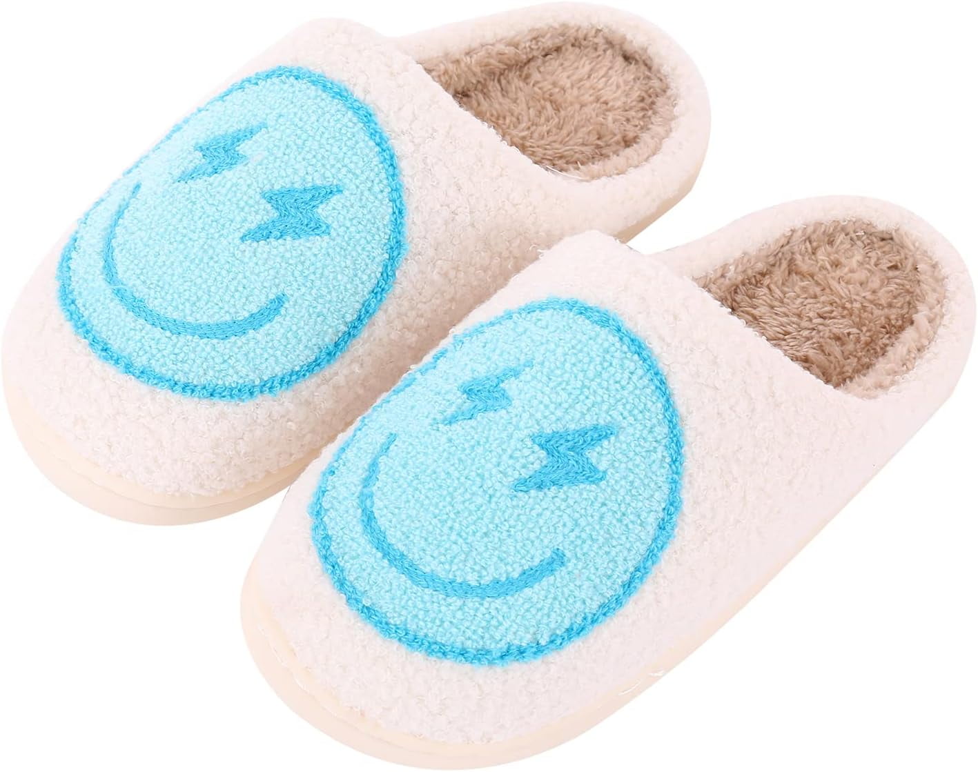 Retro Lightning Bolt Smile Face Slippers Soft Plush Comfy Warm Fuzzy ...