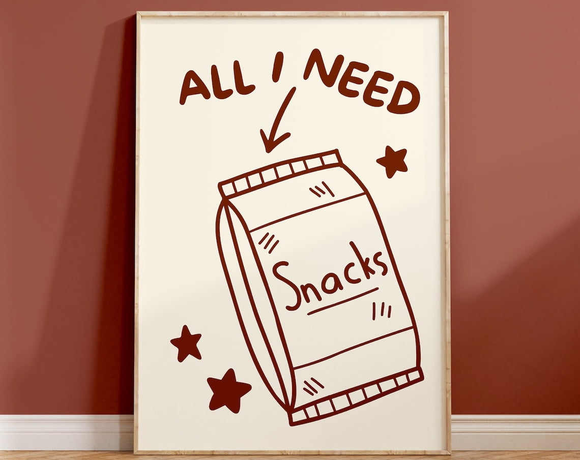 Retro Line Art Food Kitchen Print - Snacks Wall Art, Artisan Sketch ...