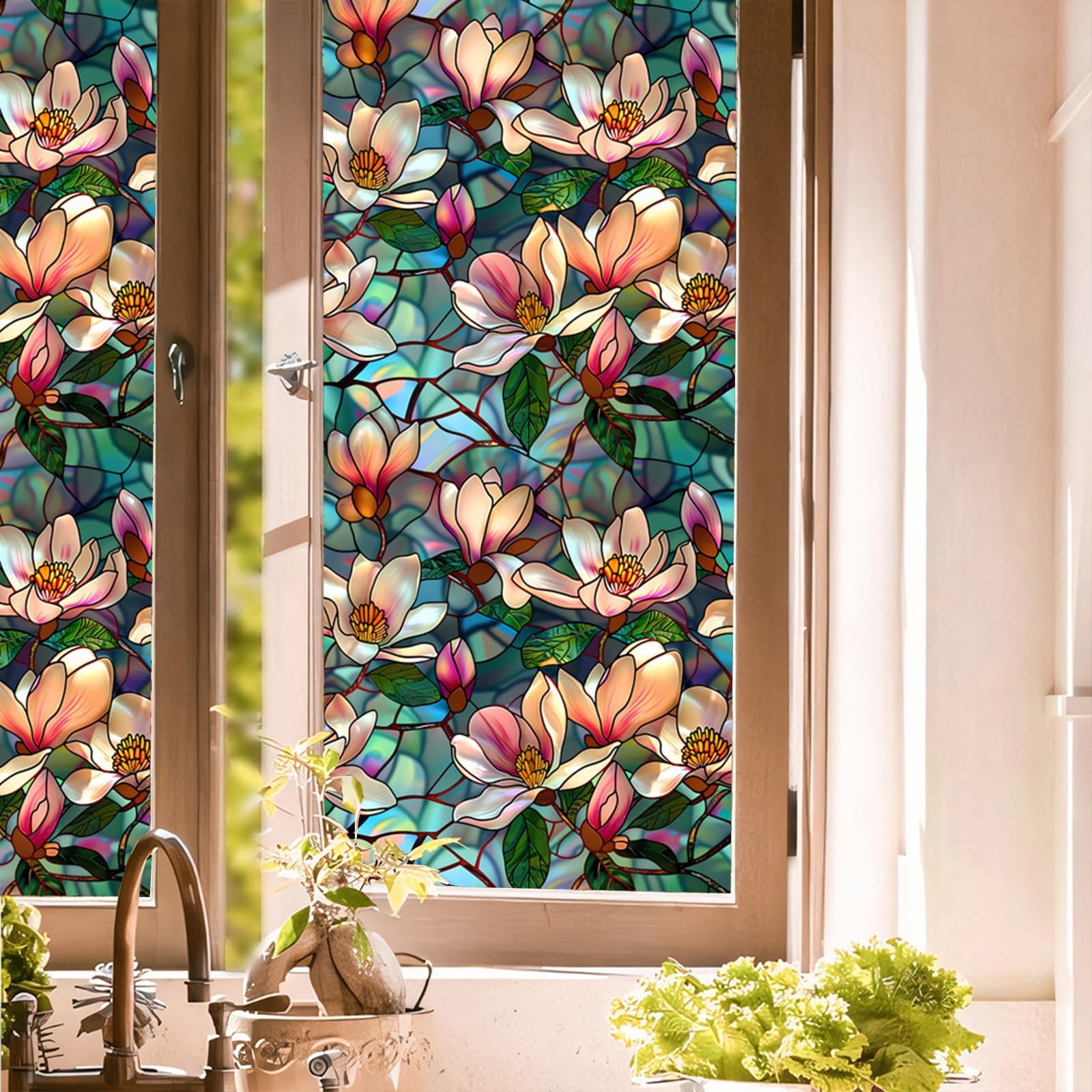 Retro Magnolia Flowers Window Privacy Film Double-Sided Stained Glass ...