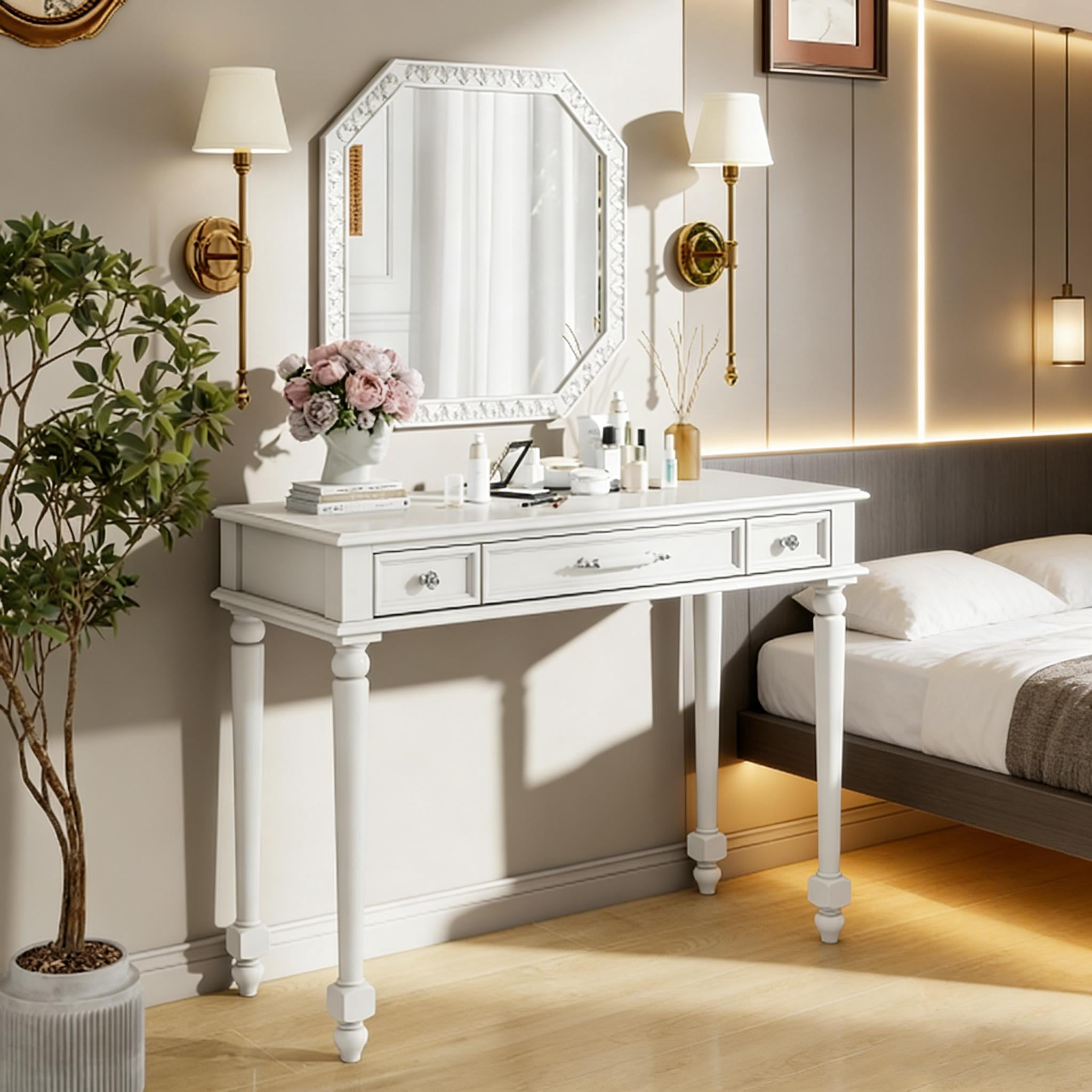Retro Makeup Desk with Large Mirror, 3-Drawer Dressing Table for ...