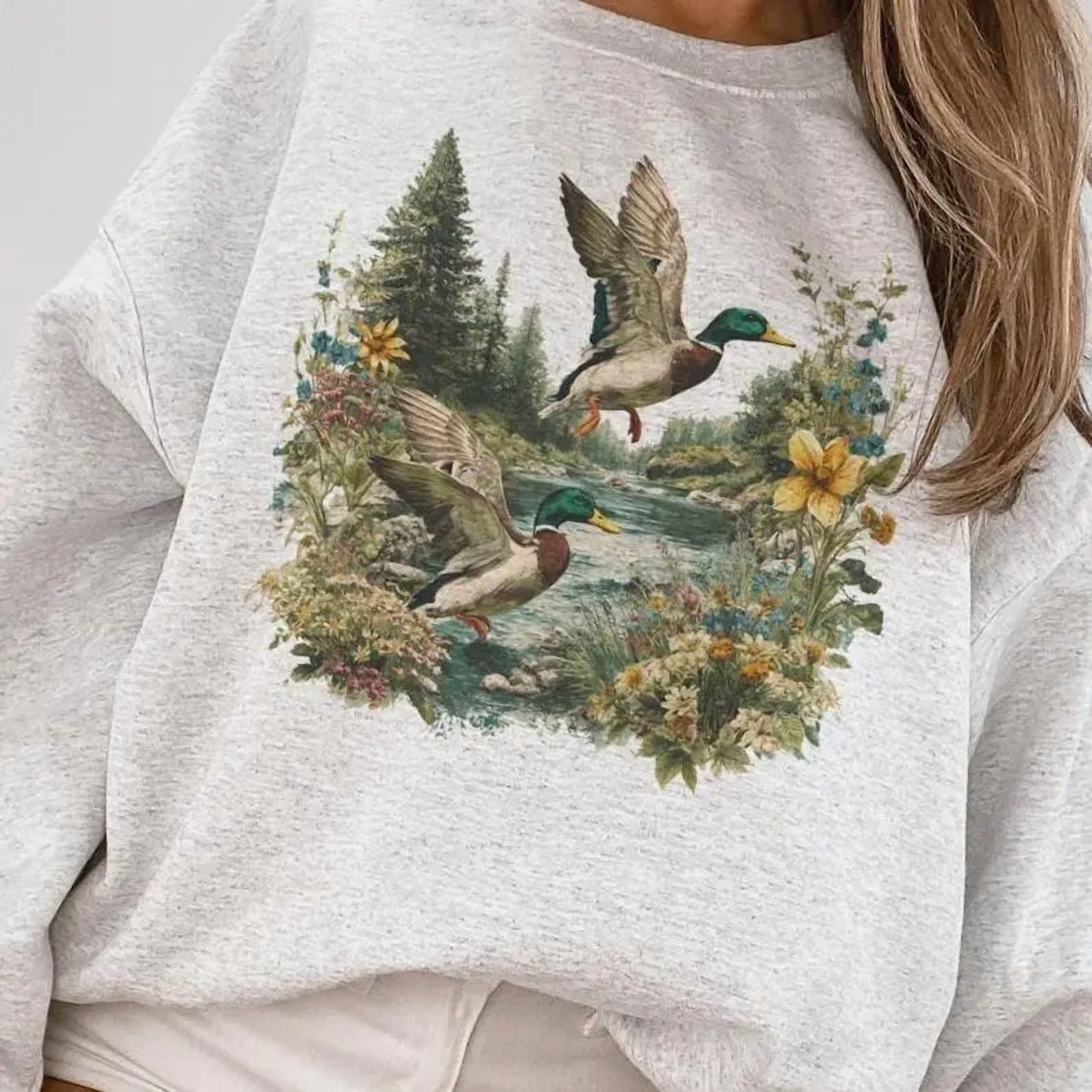 Retro Mallard Ducks Summer Scene Sweatshirt - 90s Duck Wildflower ...