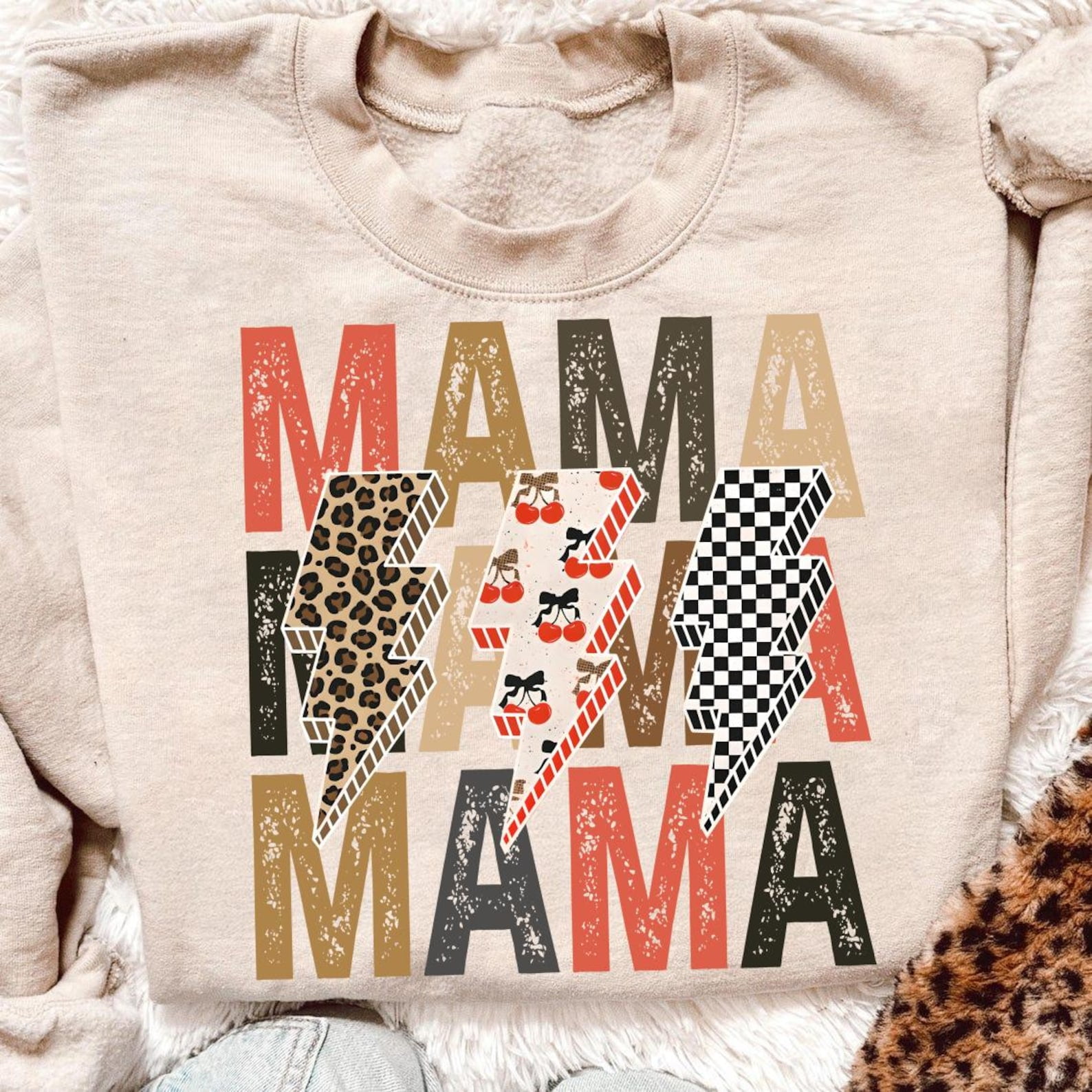 Retro Mama, Cherry Mama Lightning Bolt, Leopard Checker Cherry Letters ...