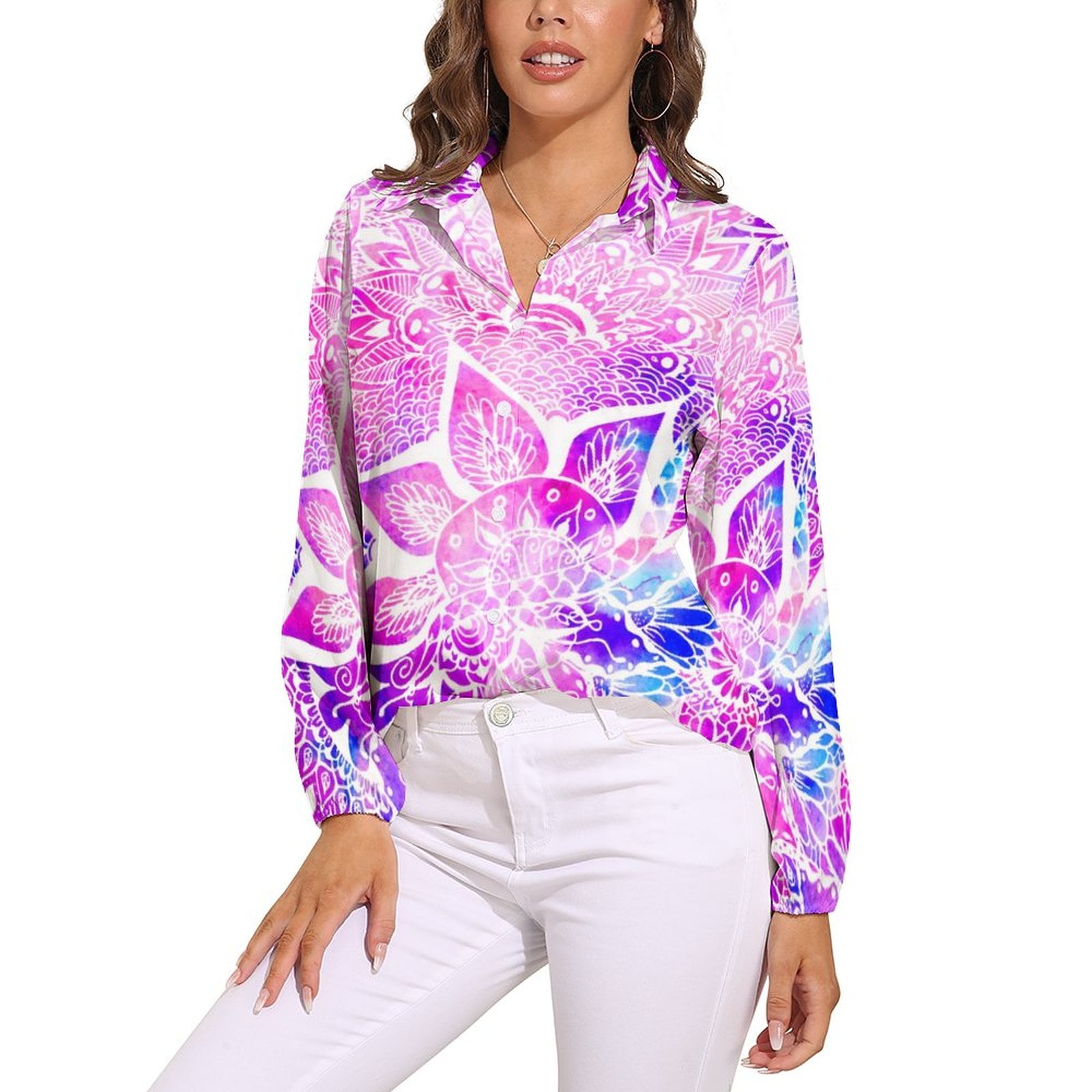 Retro Mandala Blouse Long-Sleeve Colorful Print Vintage Blouses Female ...