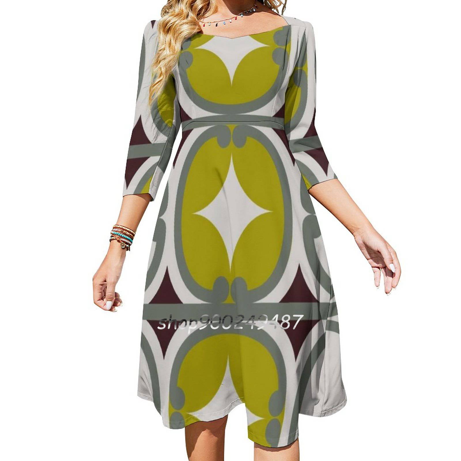 Retro Maori ( Lime ) Sweetheart Knot Flared Dress Fashion Design Large ...