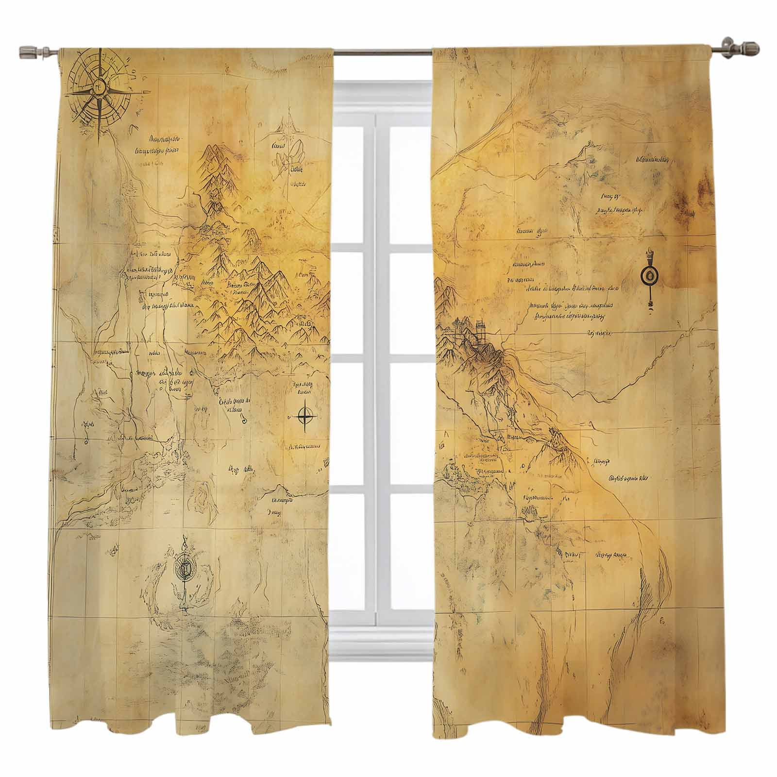 Retro Map Medieval Sheer Curtains 72 inches Long, Light Filtering Sheer ...