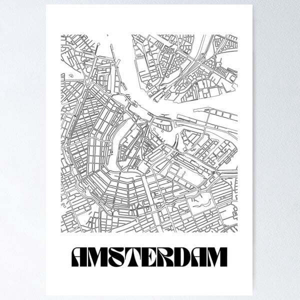 Retro Map Of Amsterdam Scandinavian Minimalist Line Drawing Poster Wall ...