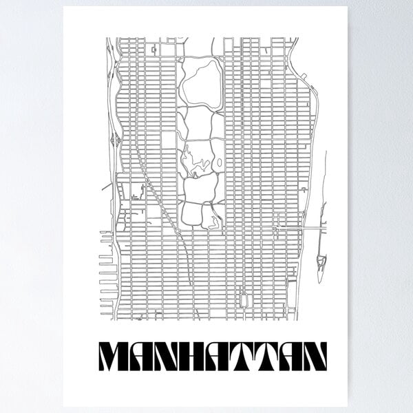 Retro Map Of Manhattan Nyc Scandinavian Minimalist Line Drawing Poster ...
