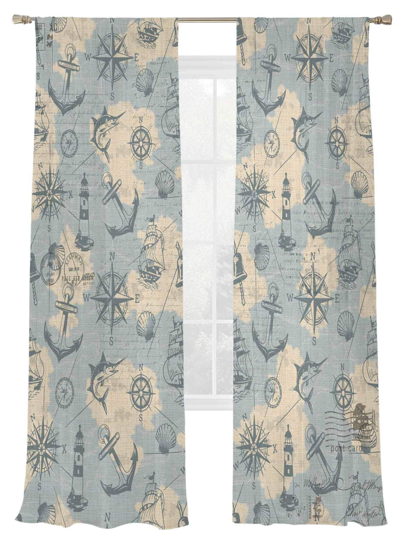 Retro Map Sheer Curtains 108 Inch Long 2 Panels, Abstract Route Sailing ...
