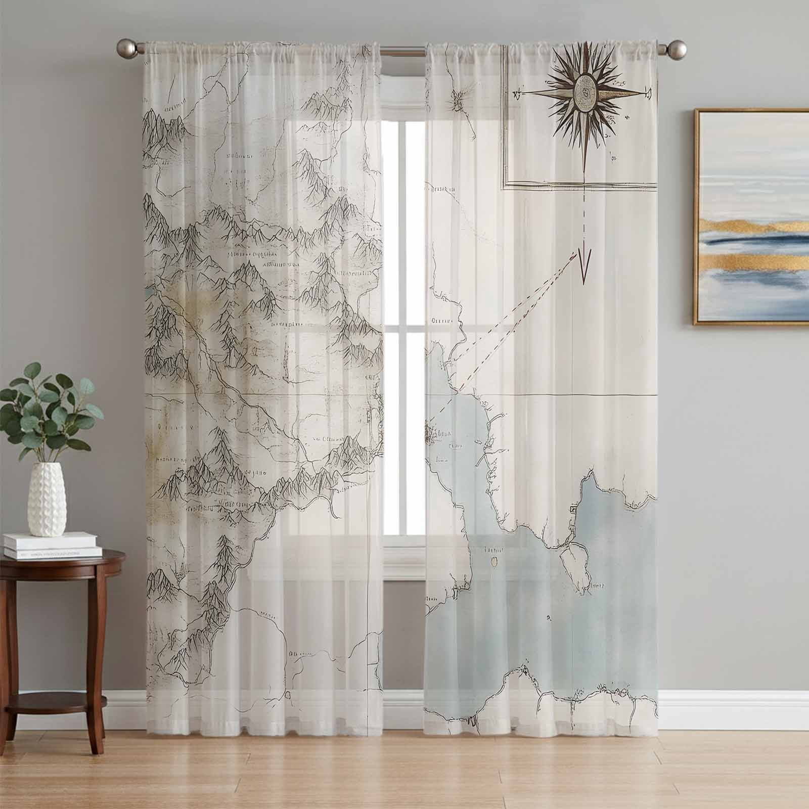 Retro Map Sheer Curtains 84 Inch Length 2 Panels Set, Middle Century ...