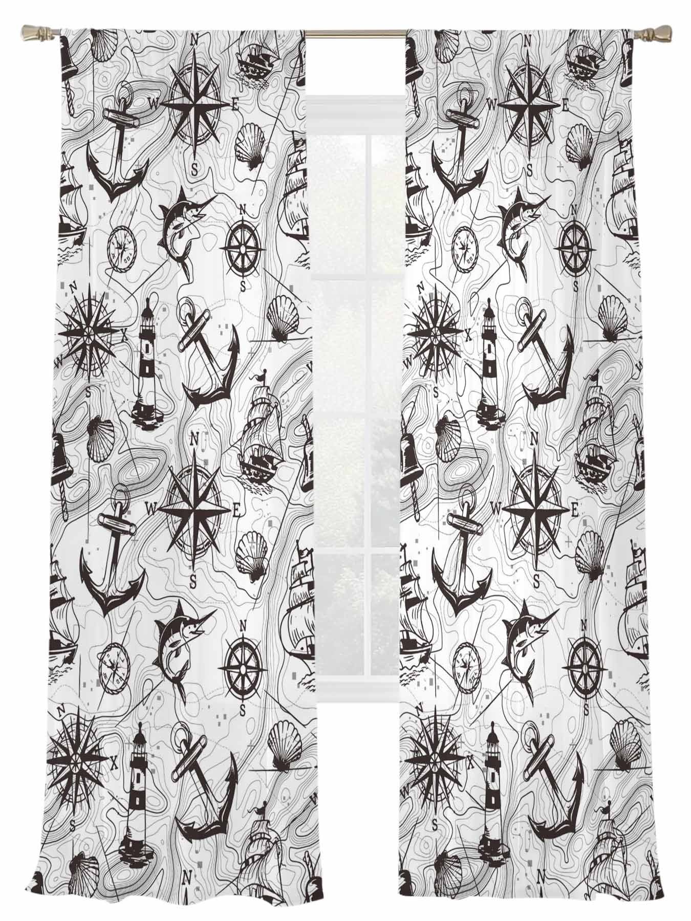 Retro Map Sheer Curtains 84 Inch Long 2 Panels, Watercolor Abstract ...