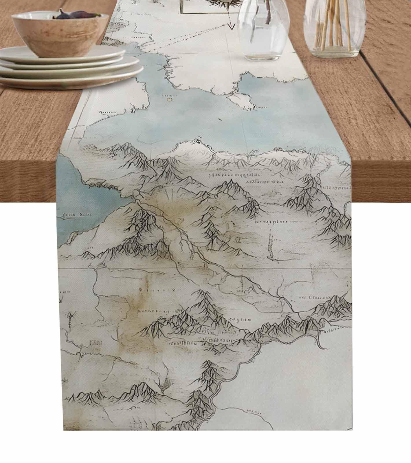 Retro Map Table Runner 108 Inches, Middle Century Rustic Mountain Ocean ...
