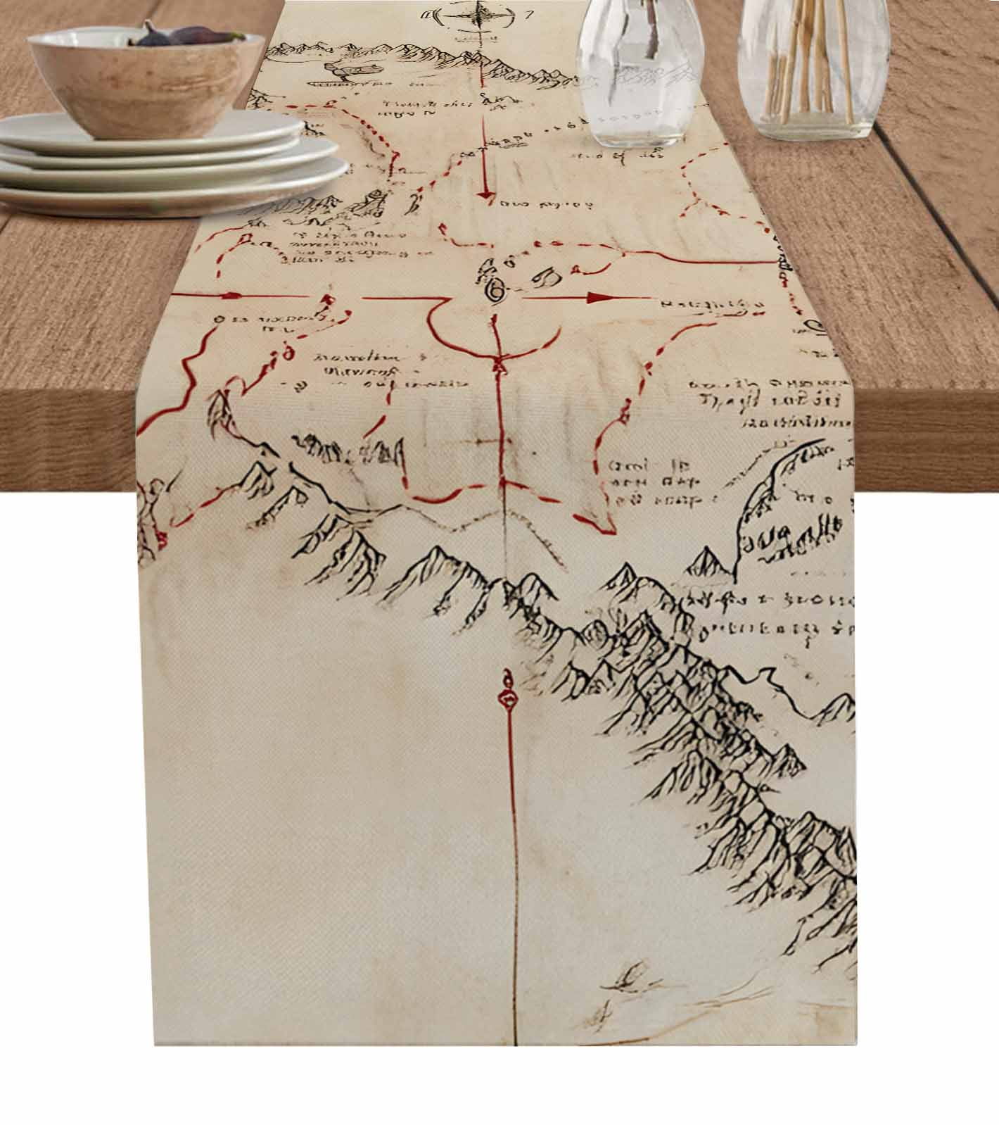 Retro Map Table Runner 72 Inches, Middle Century Mountain Landscape ...