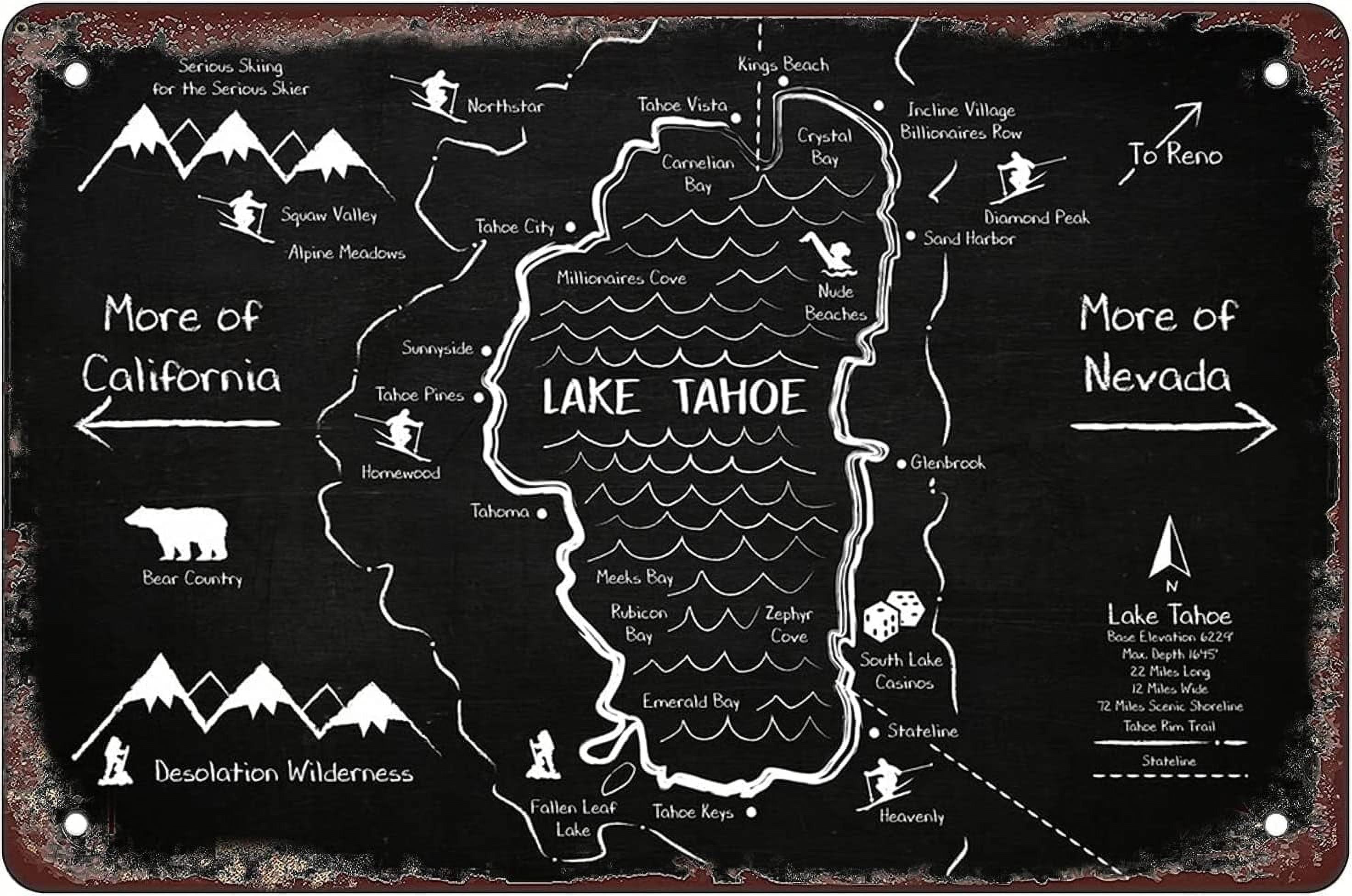 Retro Map Tin Sign Lake Tahoe Chalk Drawing Satin 8x12 Inches Retro ...