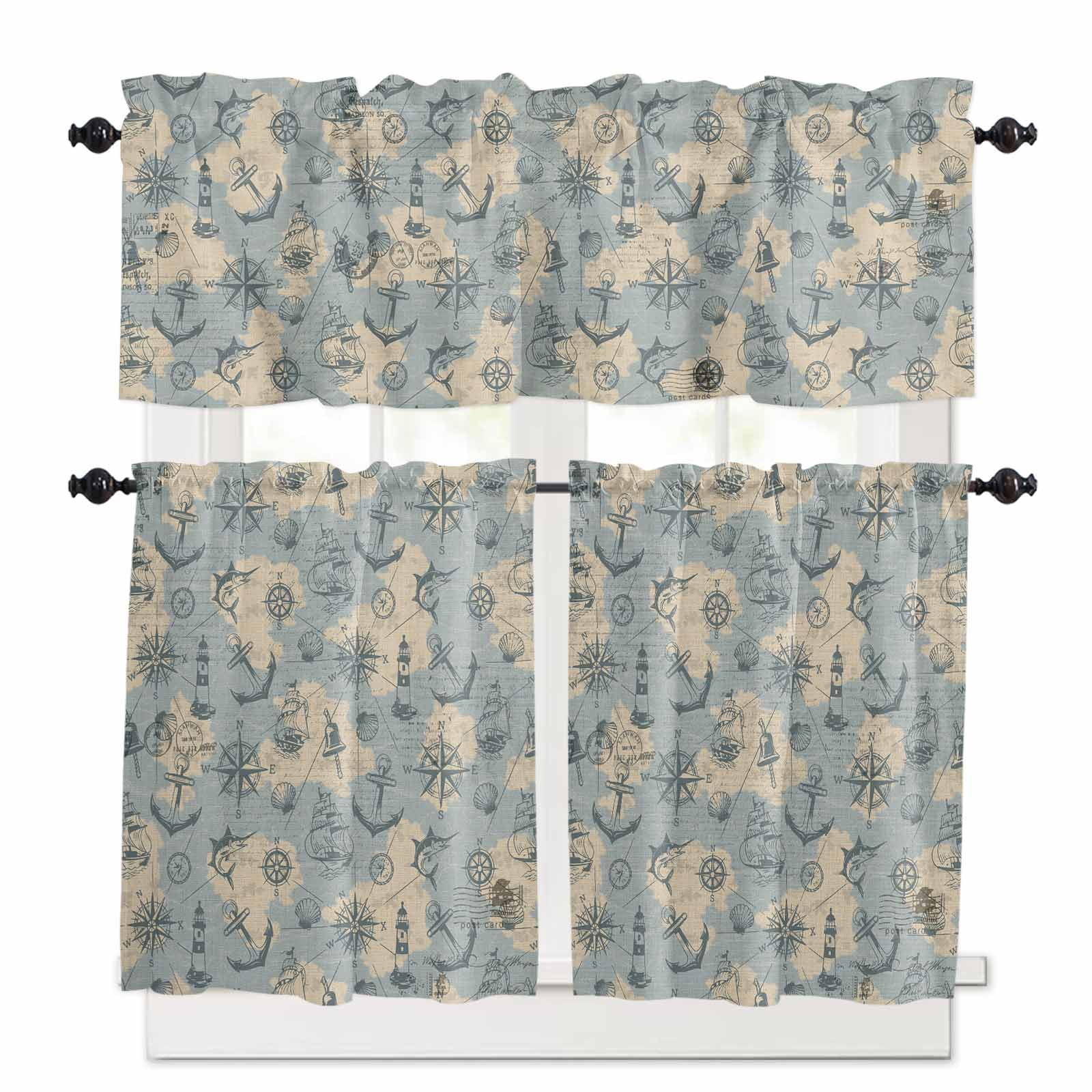Retro Map Window Curtains Valance Set of 3 Abstract Route Sailing ...