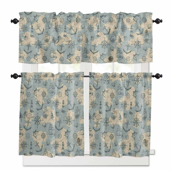Retro Map Window Curtains Valance Set of 3 Abstract Route Sailing ...