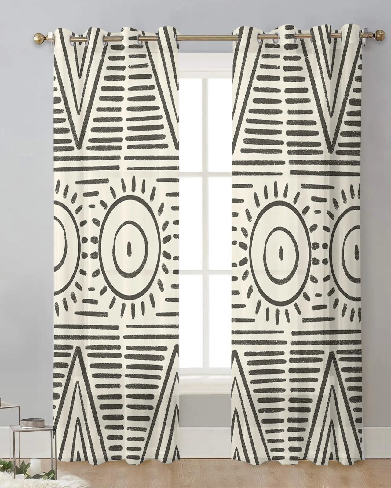 Retro Medieval Boho Geometric Tulle Curtain Living Room Printed Sheer ...