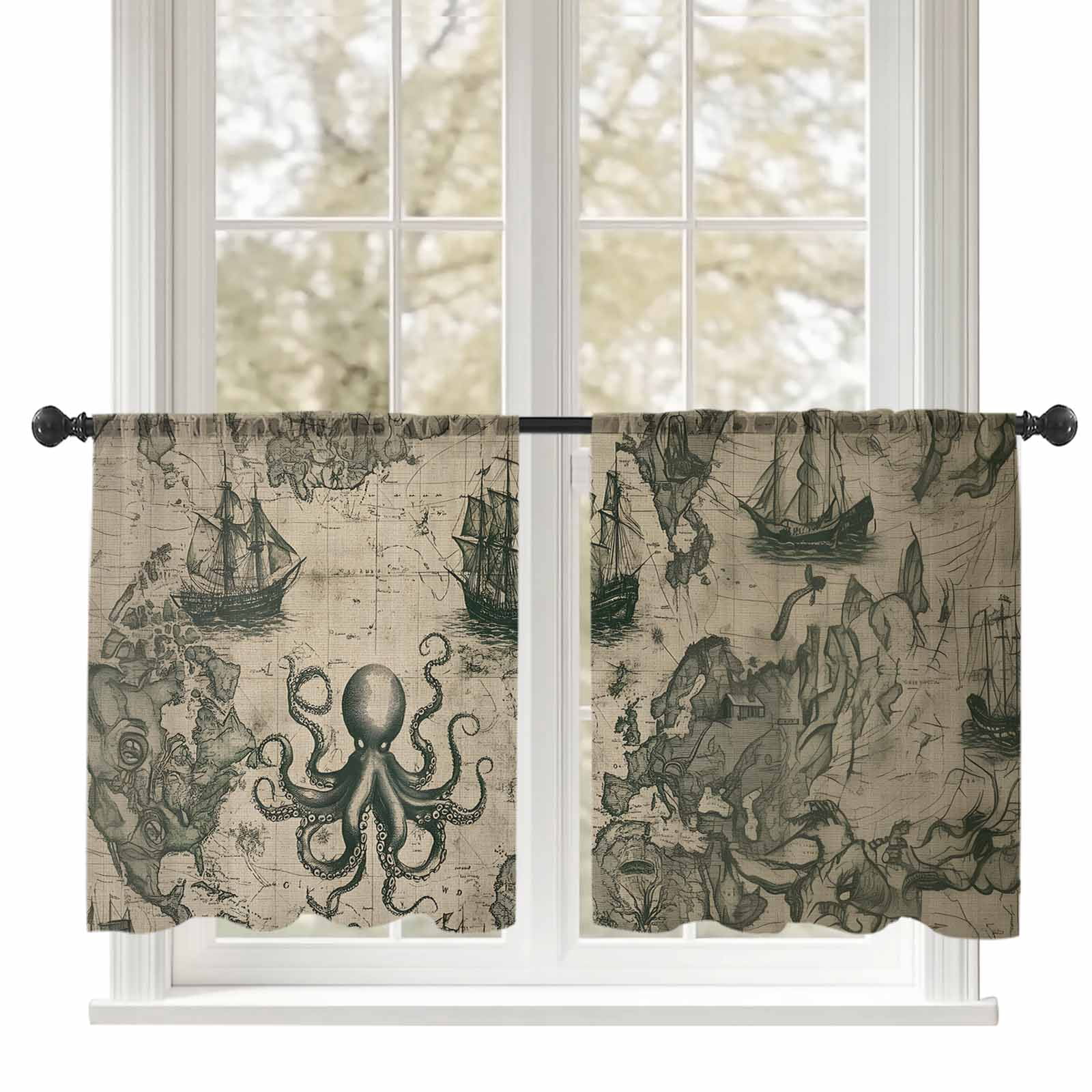 Retro Medieval Sheer Curtains 45 inches Long, Map Octopus Nautical ...