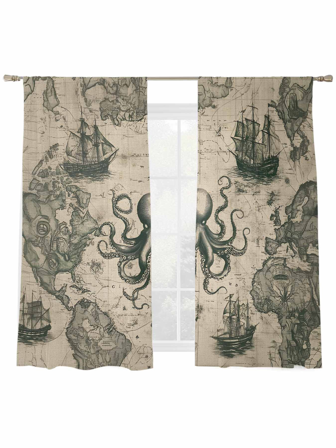 Retro Medieval Sheer Curtains 72 Inch Long 2 Panels, Map Octopus ...