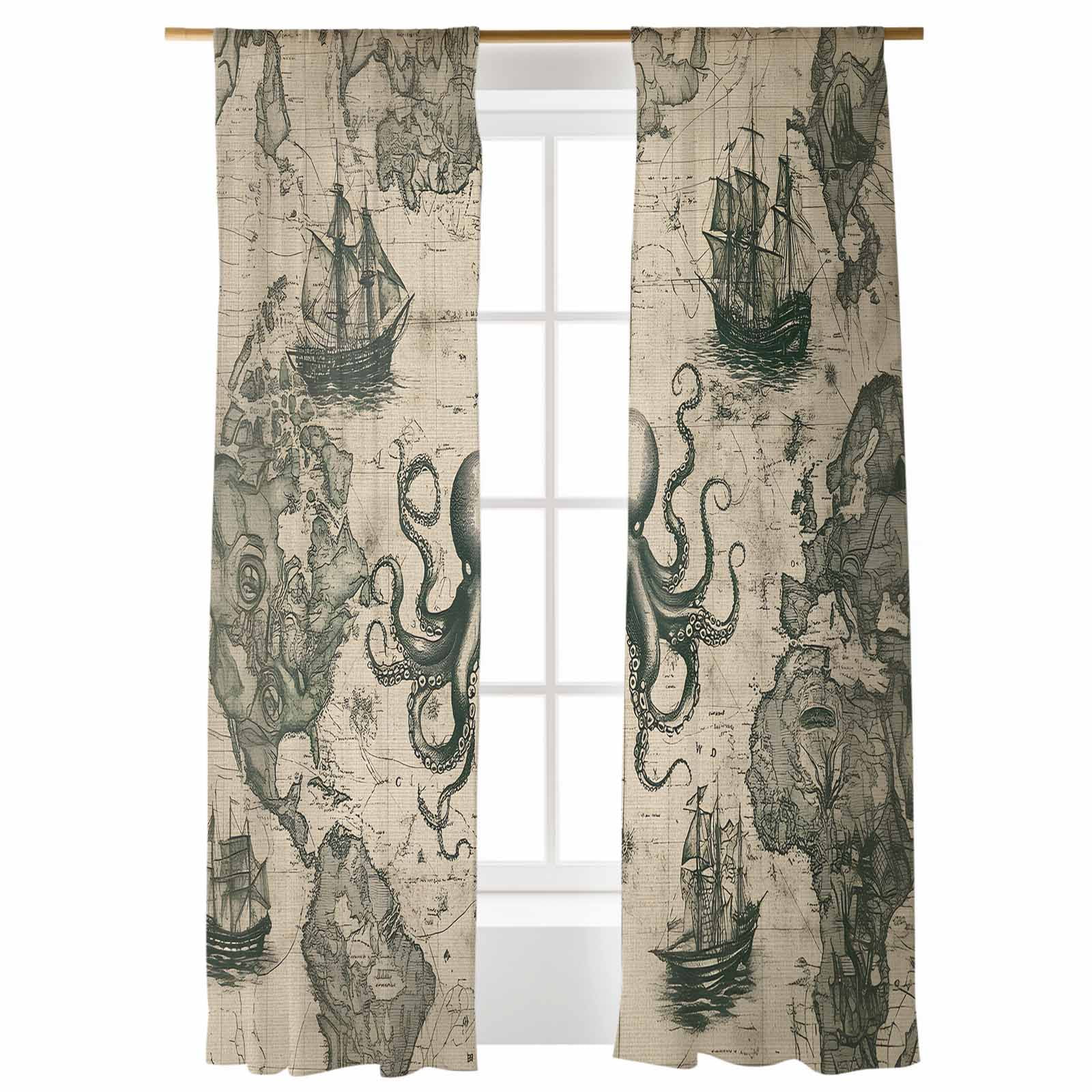 Retro Medieval Sheer Curtains 84 inches Long, Map Octopus Nautical ...
