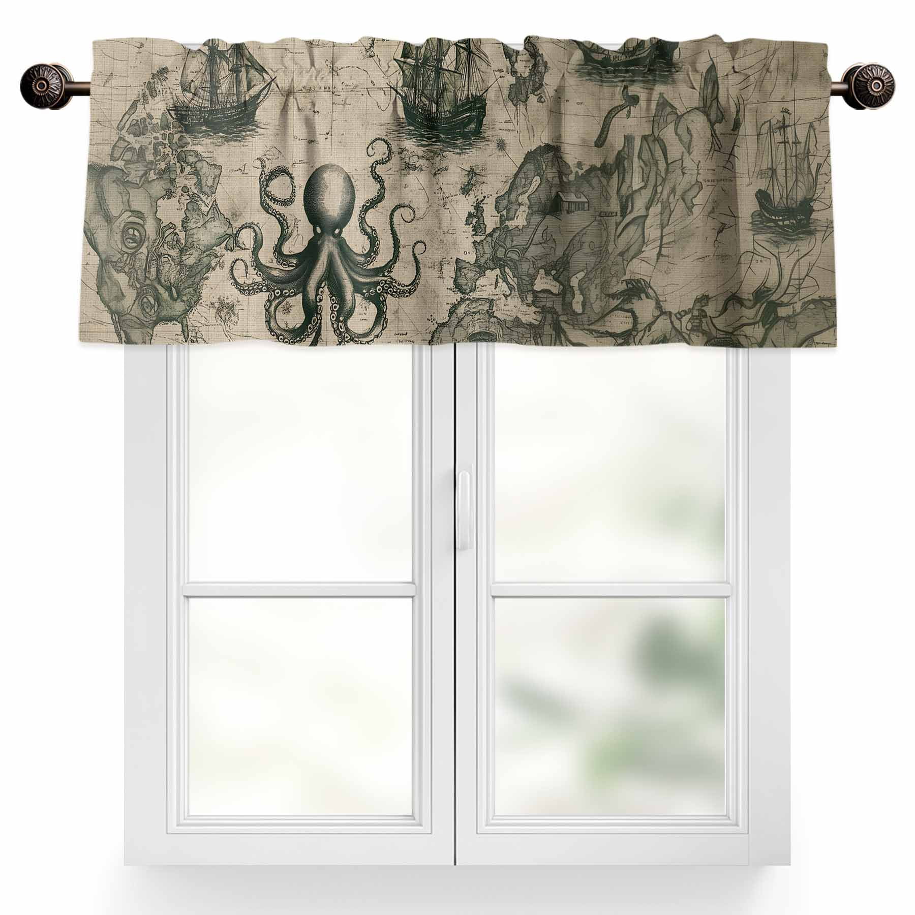 Retro Medieval Valances for Windows, 42 x 12in, Map Octopus Nautical ...