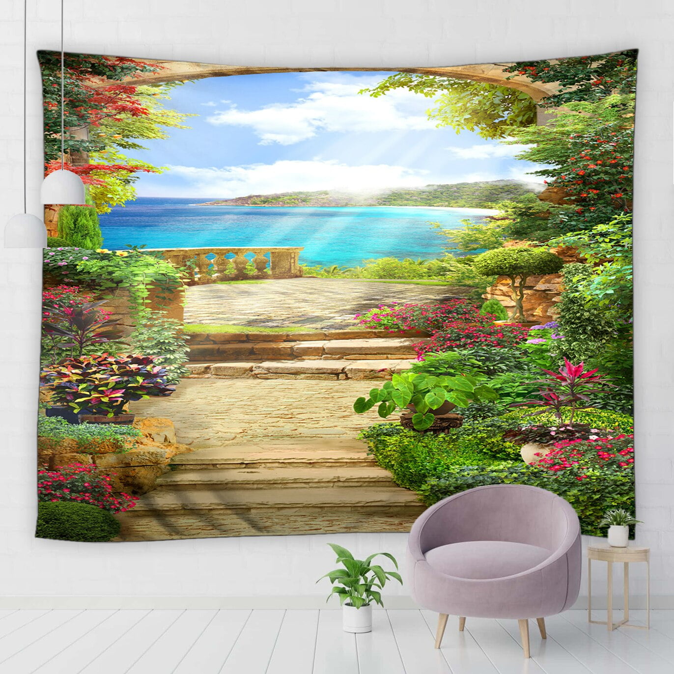 Retro Mediterranean Landscape Tapestry Wall Romantic Style Flower Wall ...