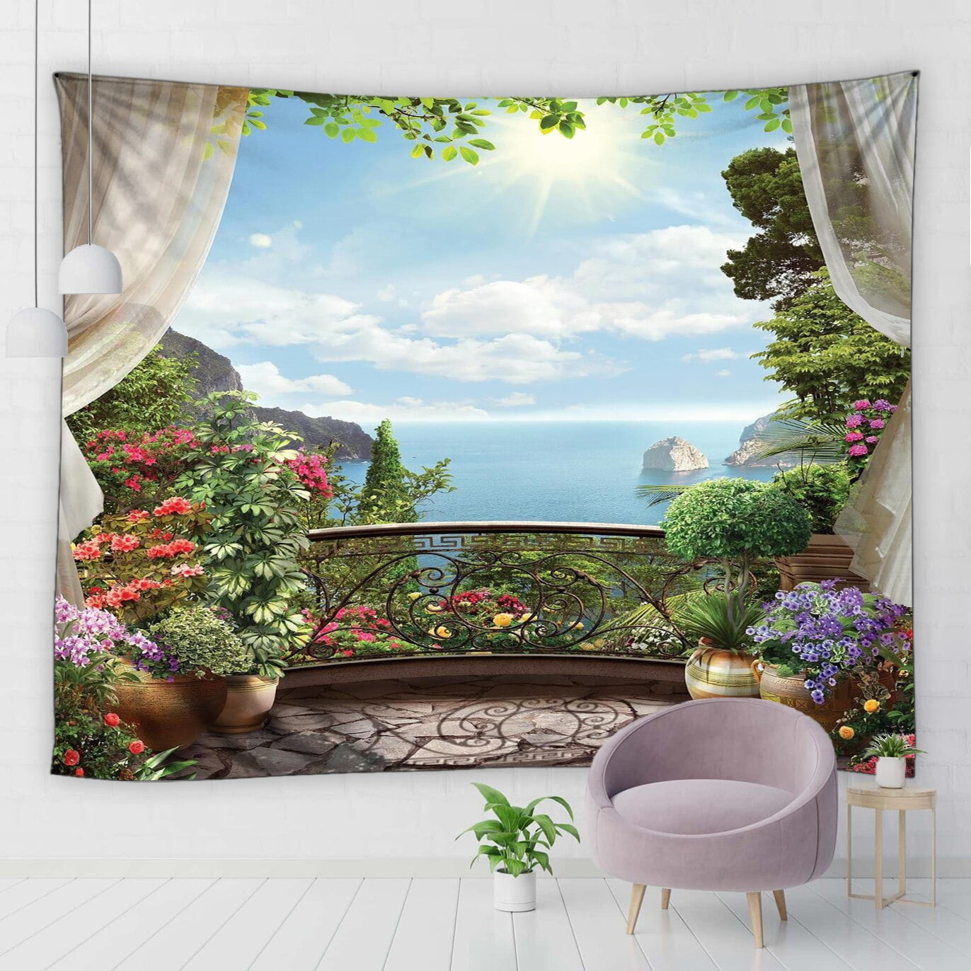 Retro Mediterranean Landscape Tapestry Wall Romantic Style Flower Wall ...
