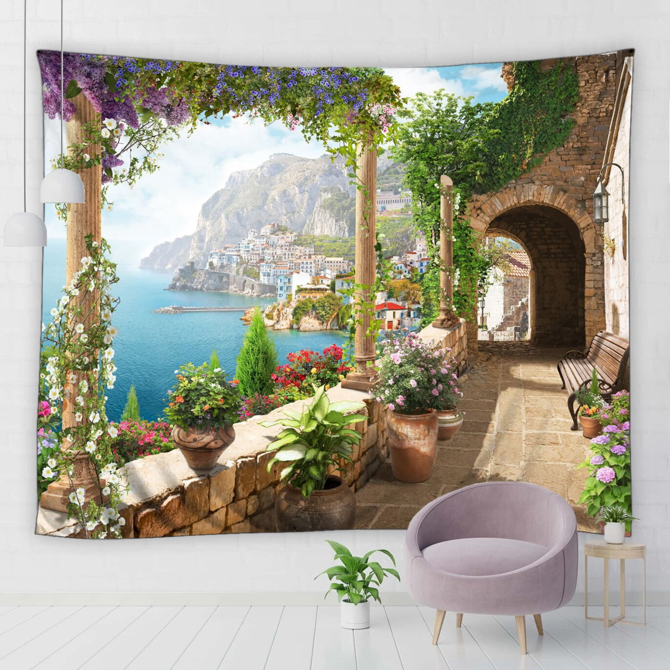 Retro Mediterranean Landscape Tapestry Wall Romantic Style Flower Wall ...