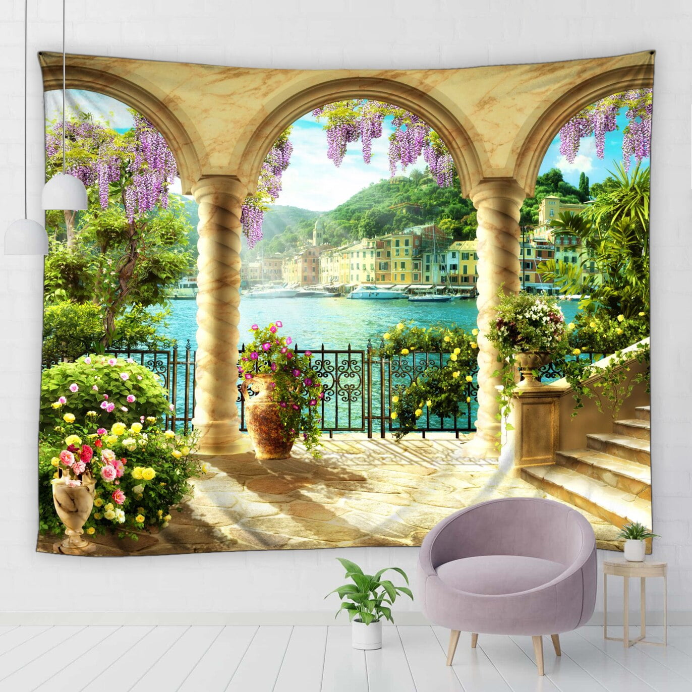 Retro Mediterranean Landscape Tapestry Wall Romantic Style Flower Wall ...