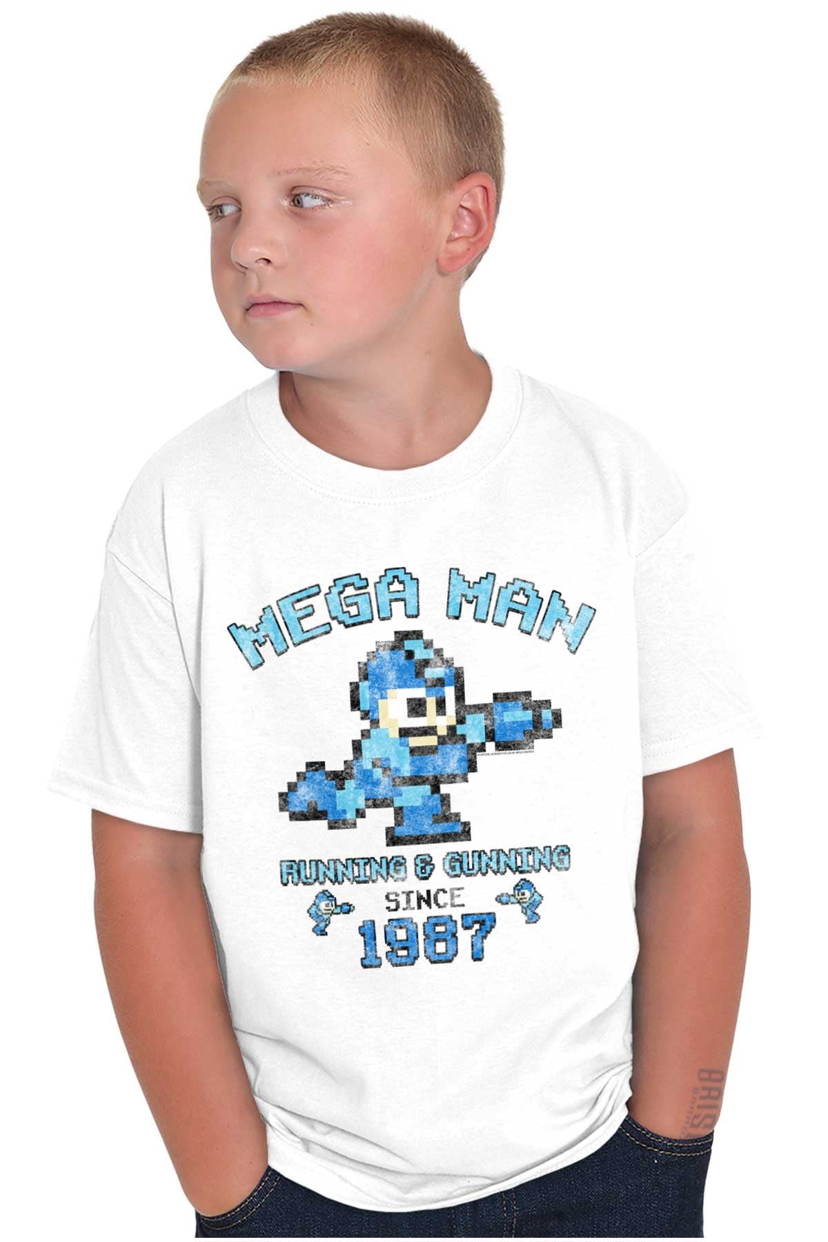 Retro Mega Man Running and Gunning Crewneck T Shirts Boy Girl Teen ...